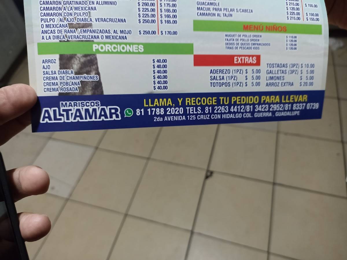 Carta del restaurante Mariscos Altamar, Guadalupe