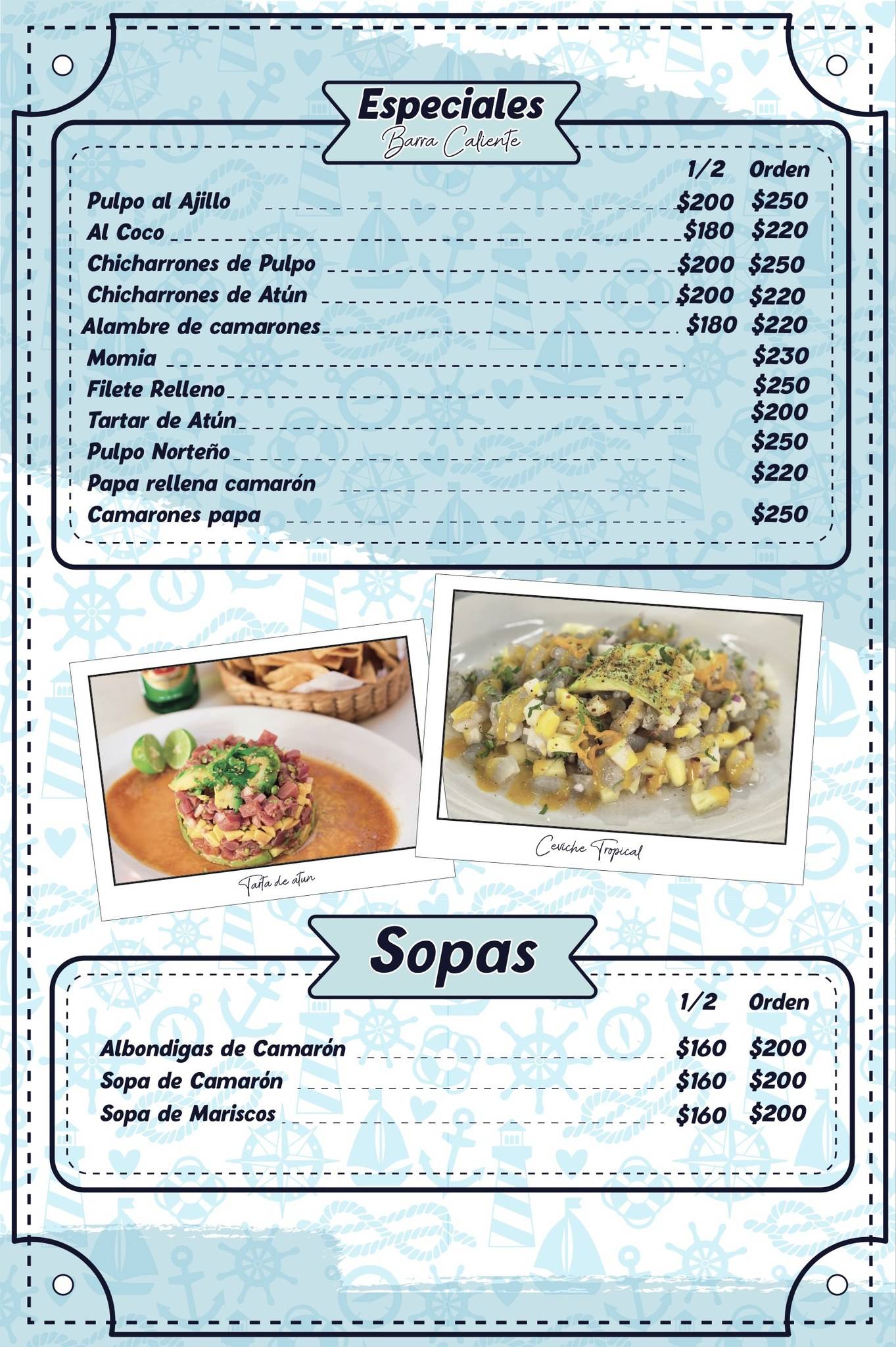 Carta del restaurante Mariscos CHE RÍOS, Cabo San Lucas, Dragonero 3216