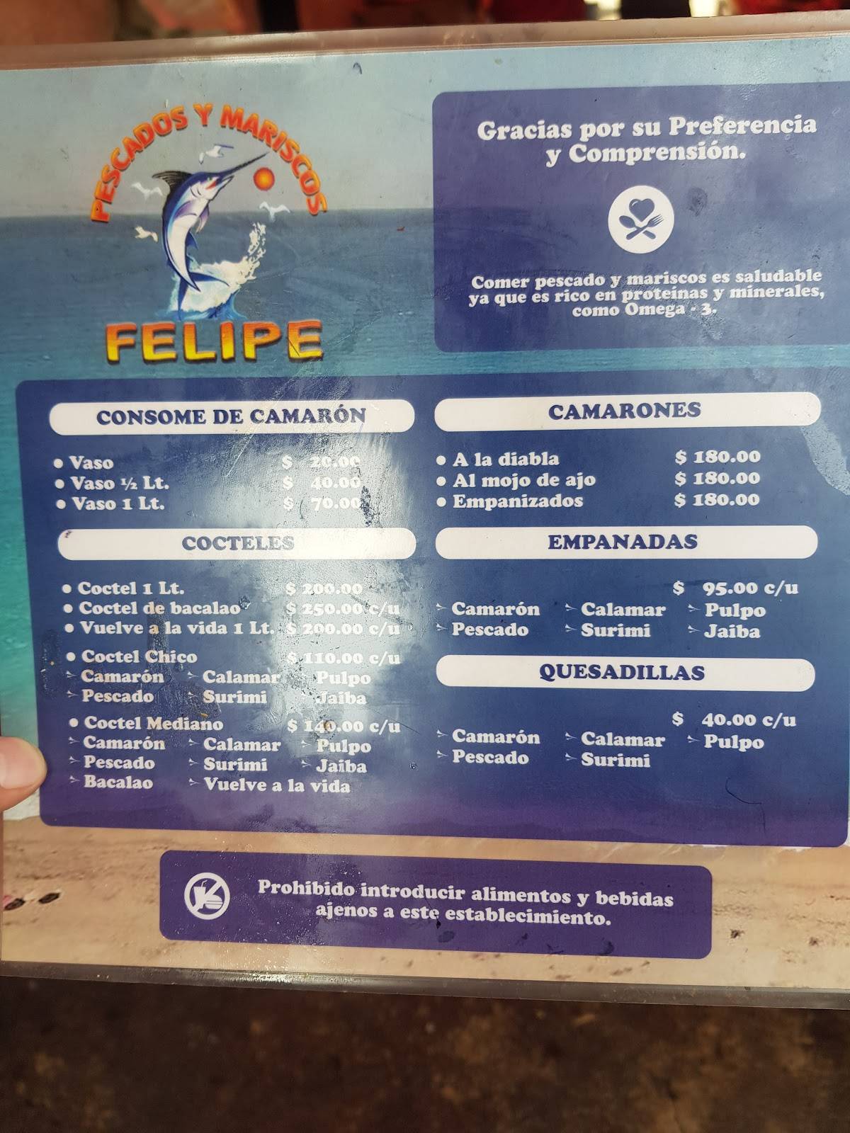 Menu at Mariscos Felipe restaurant, Mexico City, Oriente 174