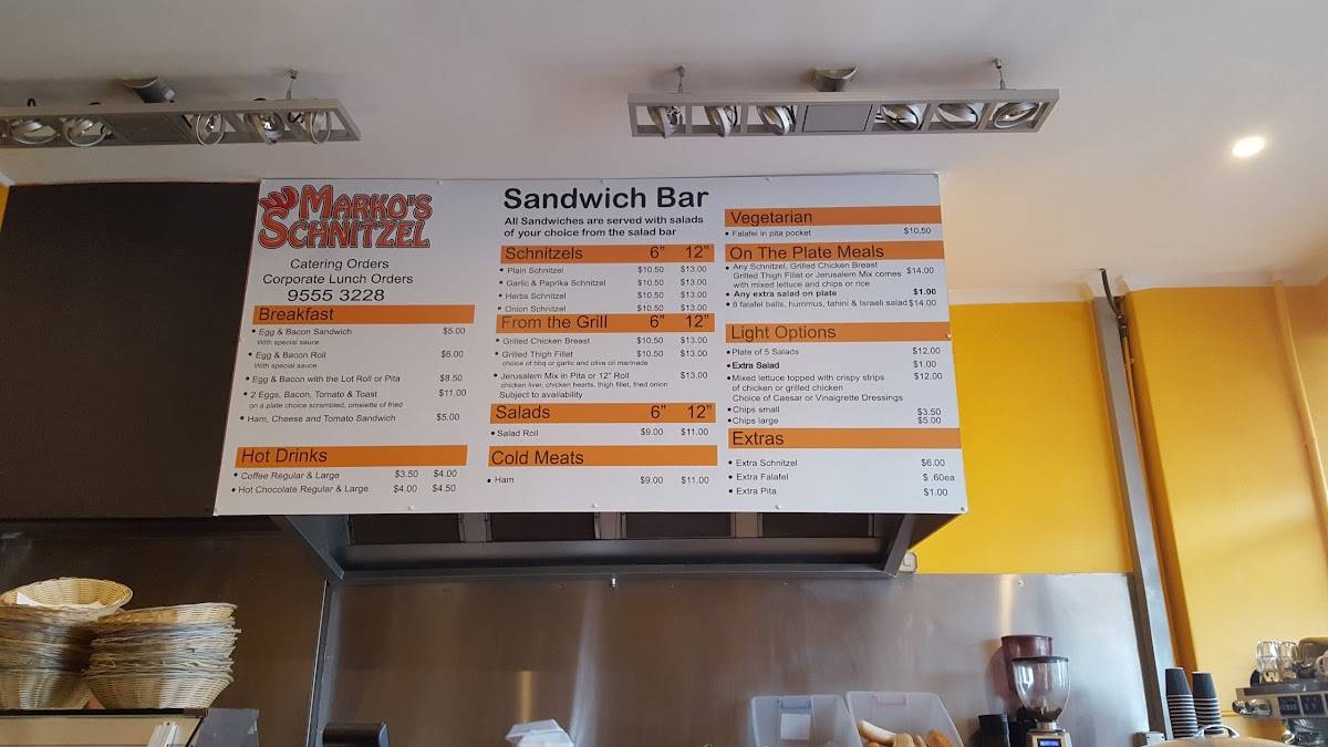 Menu at Marko's Schnitzel restaurant, Moorabbin