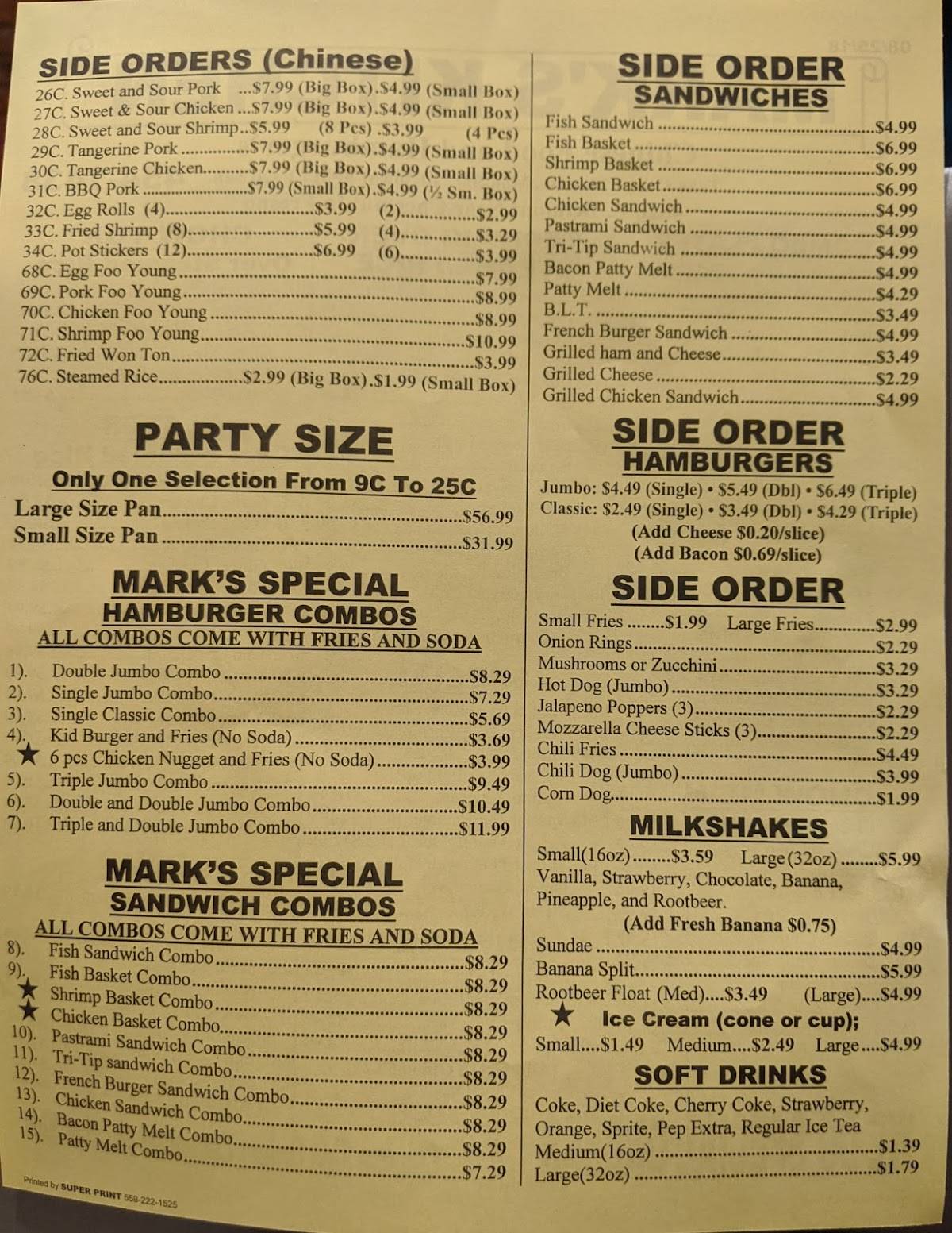 Menu at Mark's Kitchen restaurant, Fresno