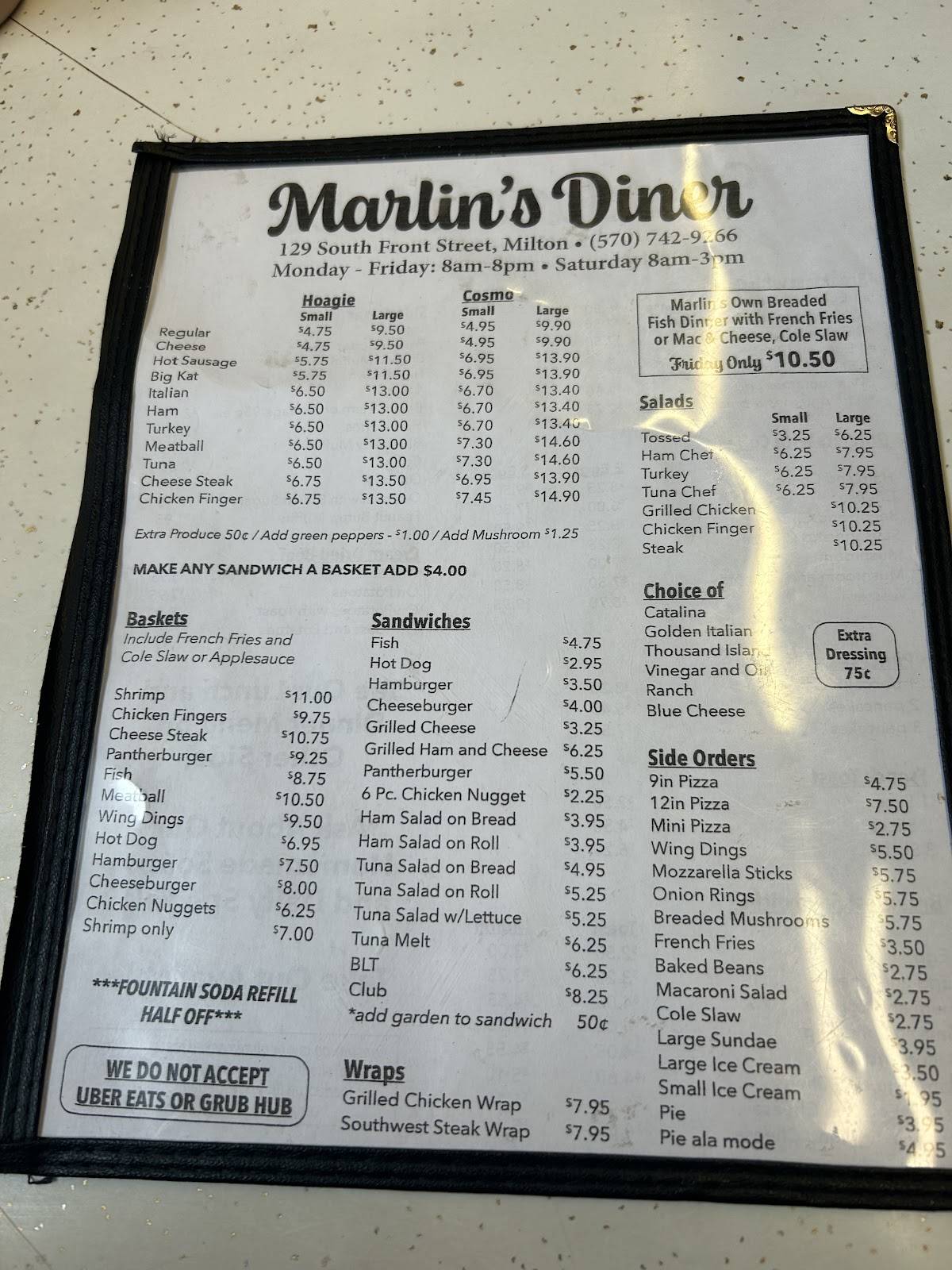 Menu at Marlin's restaurant, Milton
