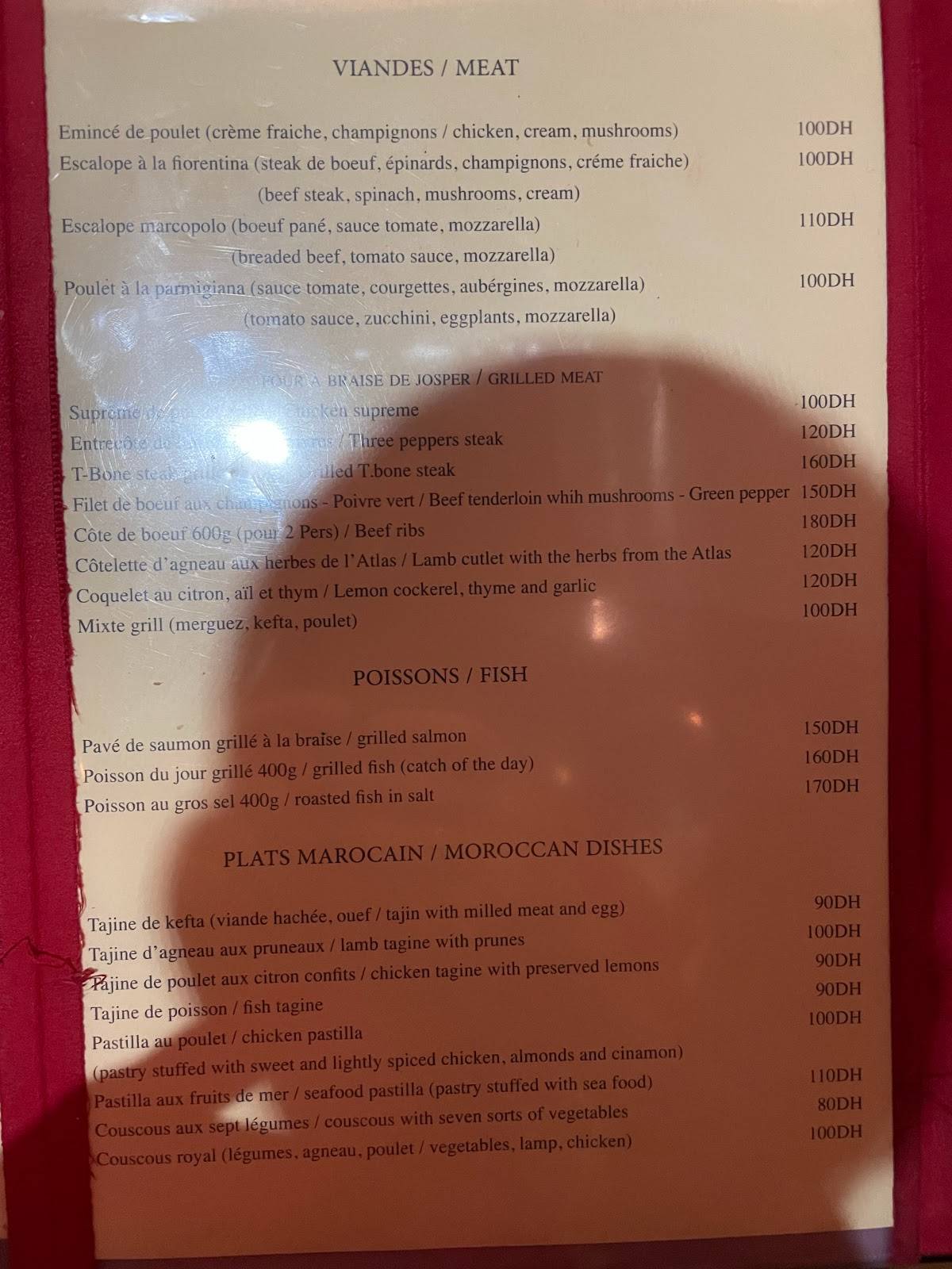 Menu au Portofino Restaurant, Marrakech