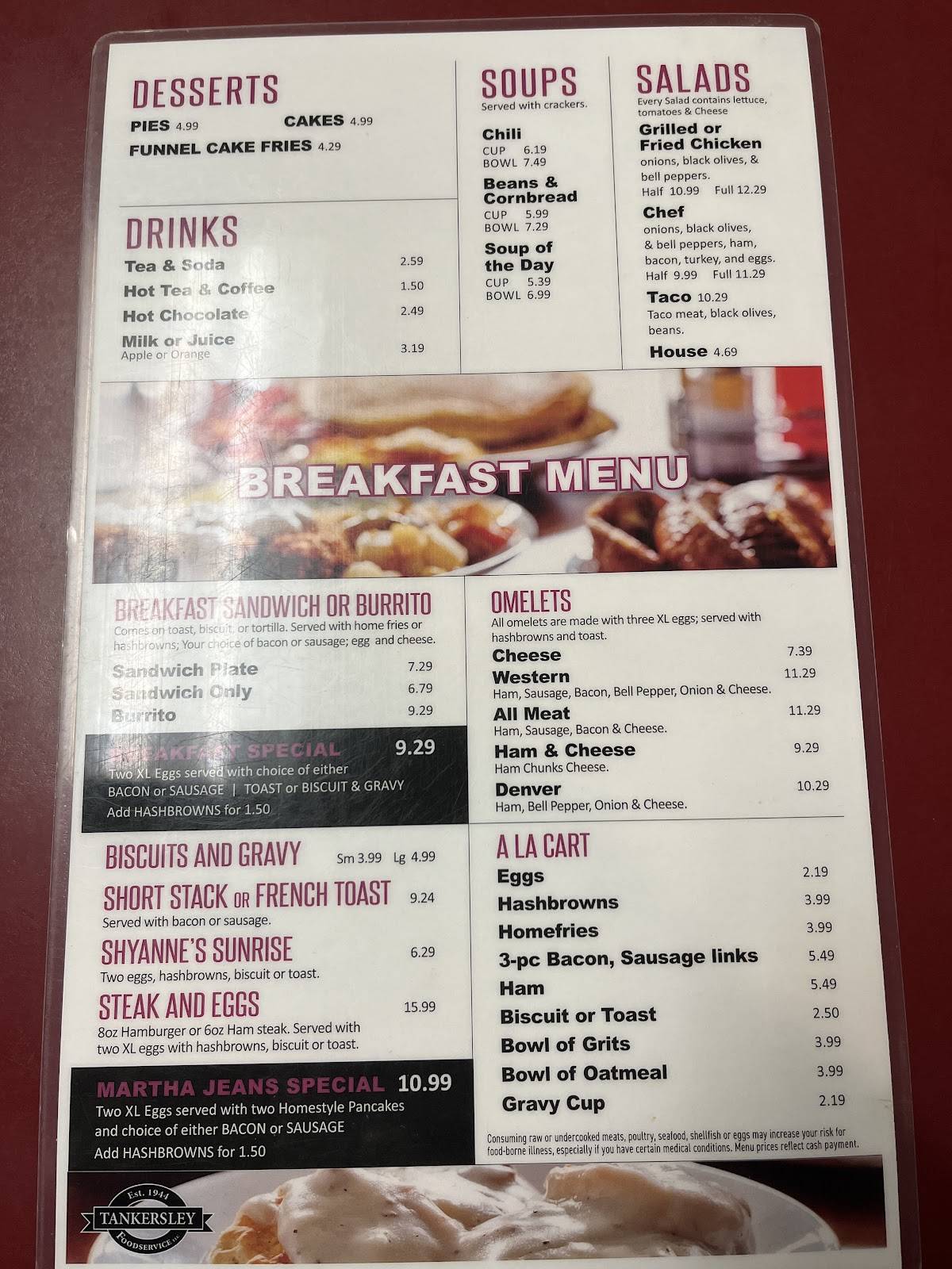 Menu at Martha Jean's Diner LLC cafe, Beebe