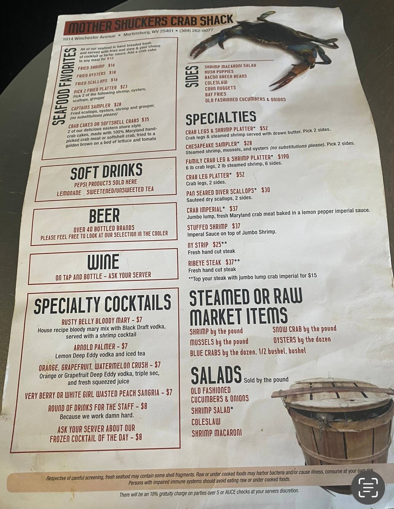 Menu at Mother Shuckers Crab Shack restaurant, Martinsburg