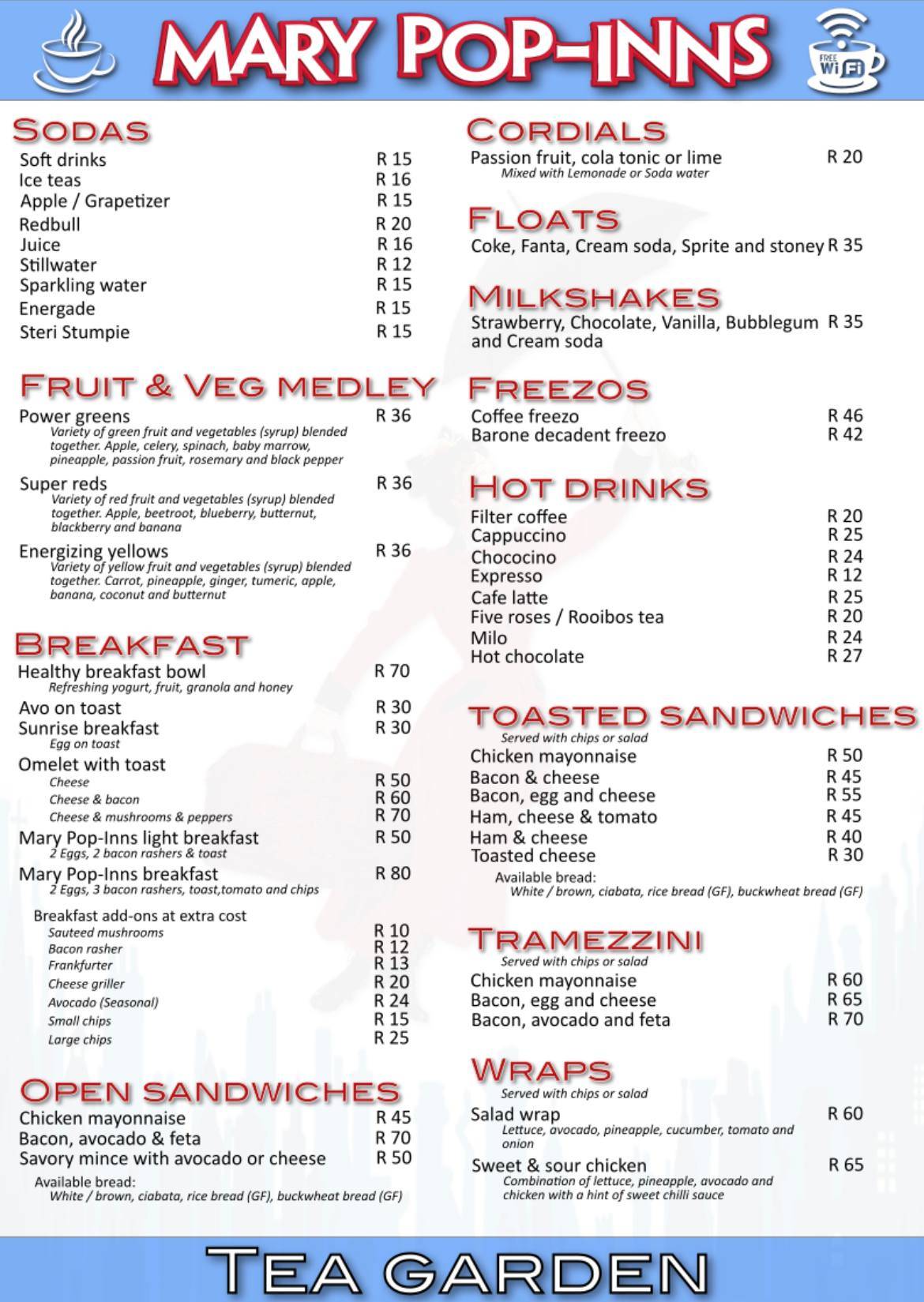 Menu at Mary PopInns Tea Garden restaurant, Roodepoort