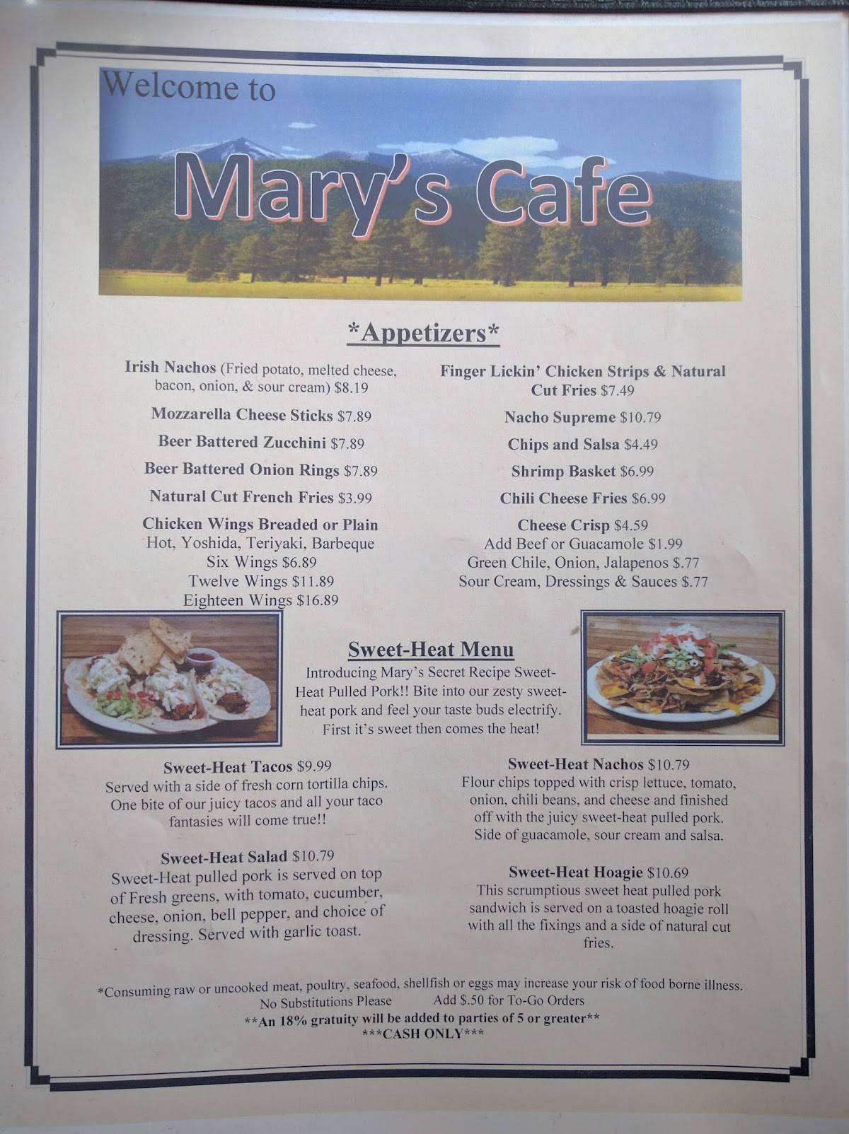Menu at Mary's Cafe, Flagstaff, US-89