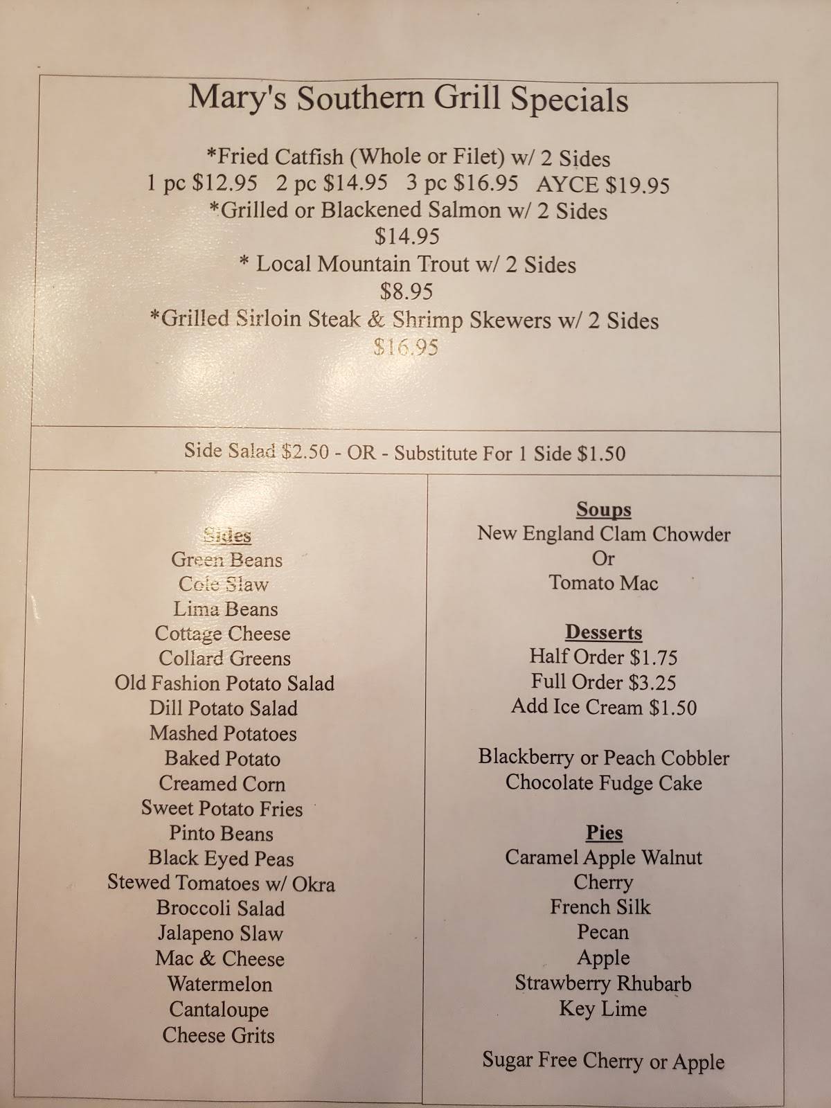 Menu at Mary's Southern Grill restaurant, Young Harris
