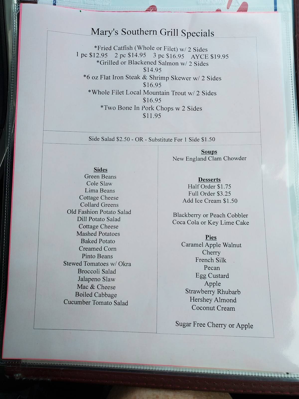 Menu at Mary's Southern Grill restaurant, Young Harris