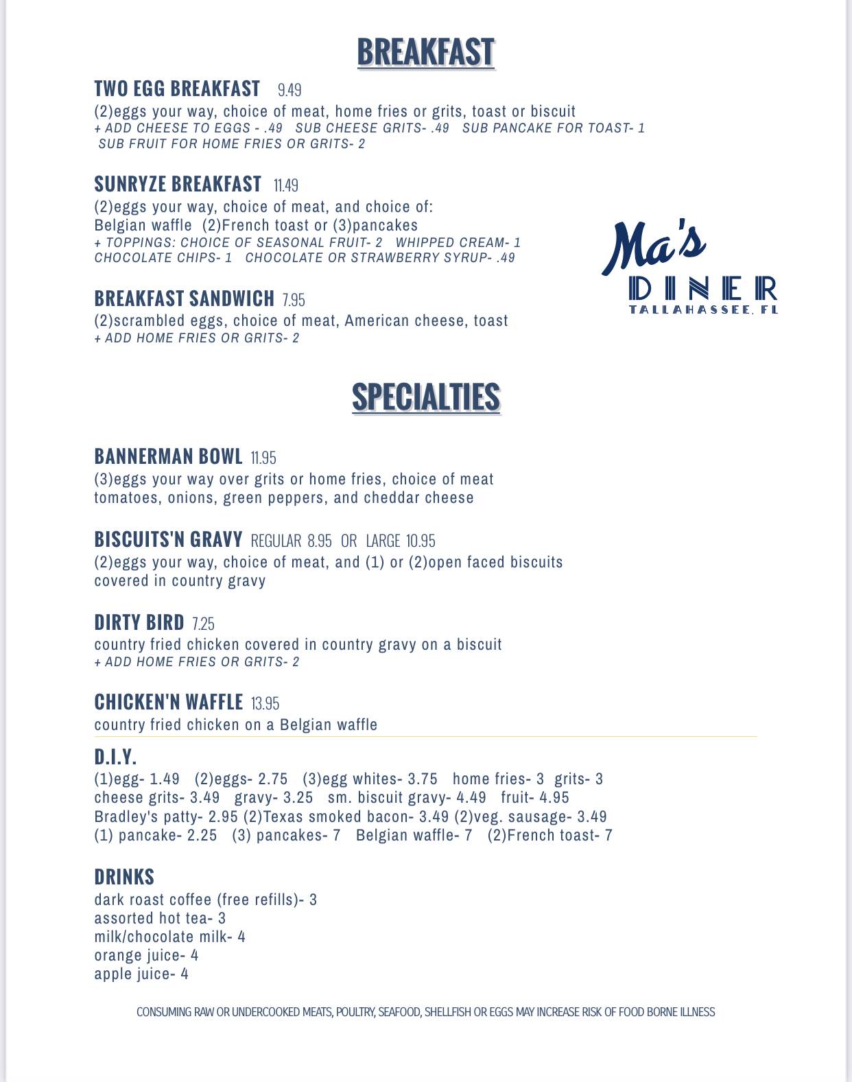 Menu at Ma's Diner restaurant, Tallahassee