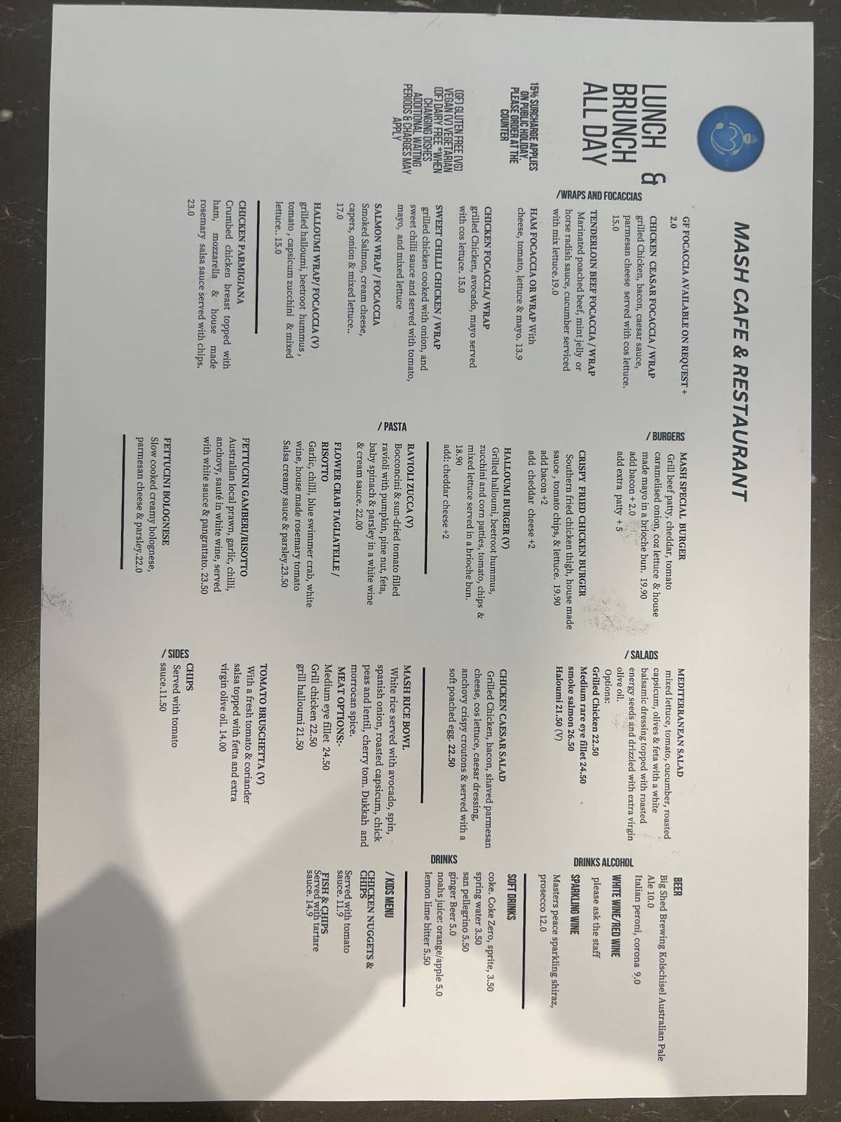 Menu at Mash cafe and restaurant, Port Adelaide