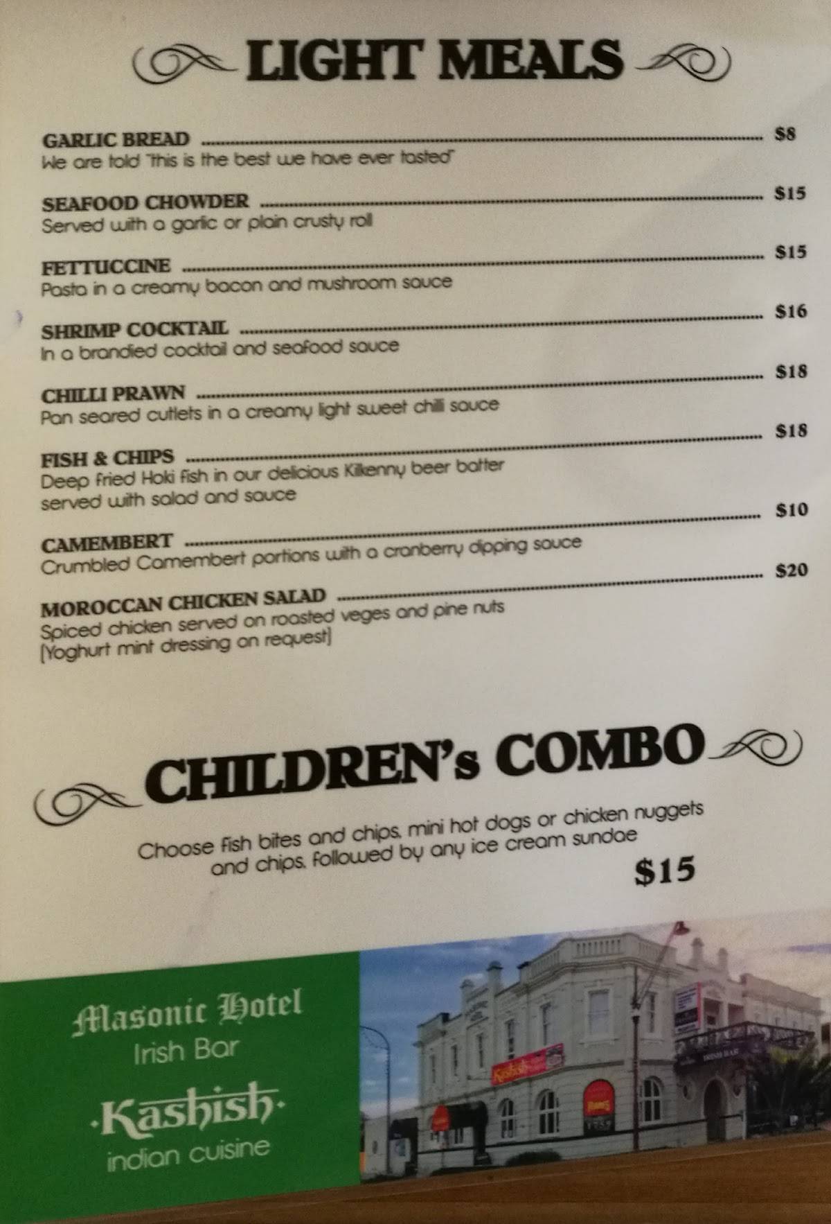 Menu at Masonic Hotel Irish Bar & Restaurant, Opotiki