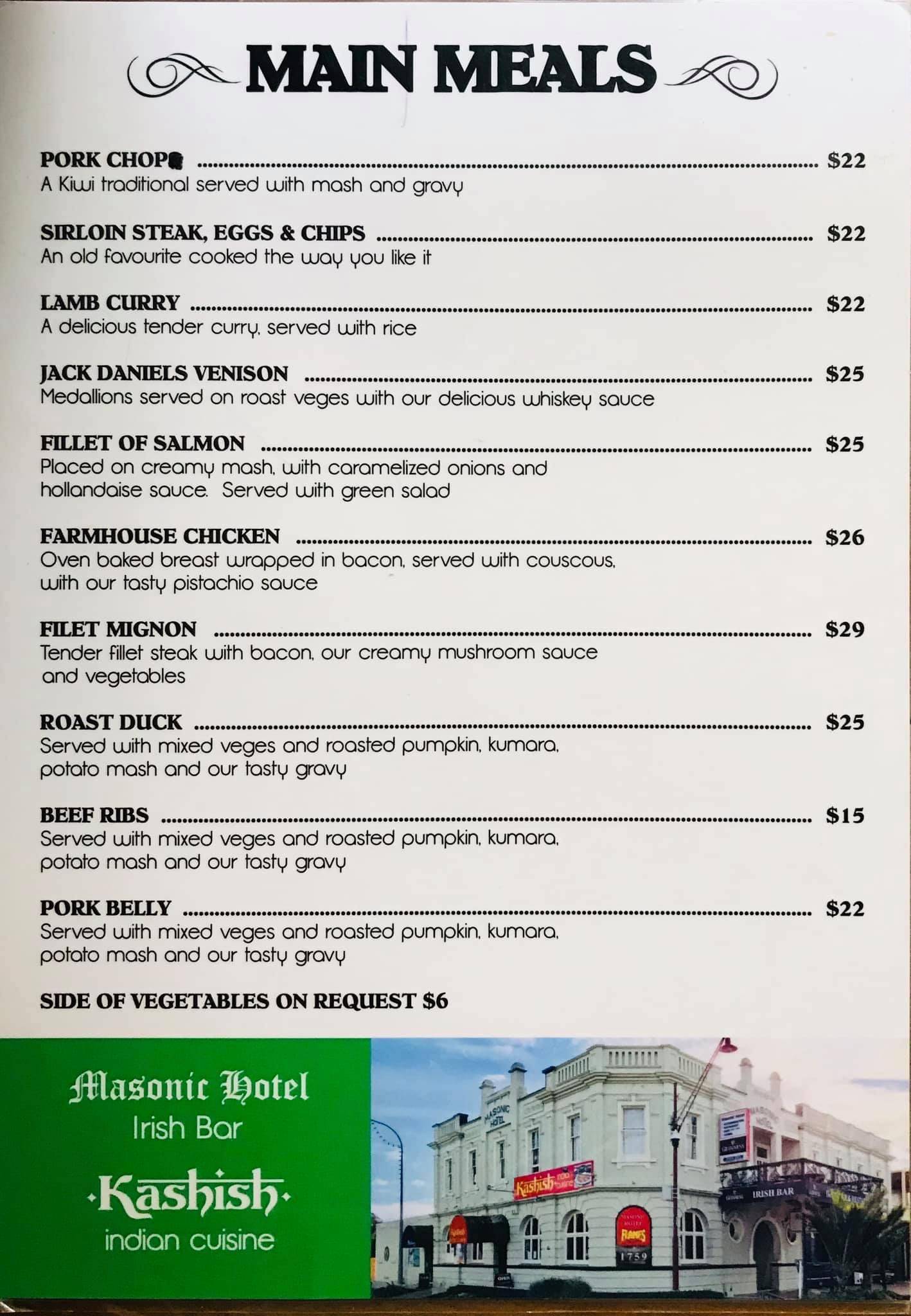 Menu at Masonic Hotel Irish Bar & Restaurant, Opotiki