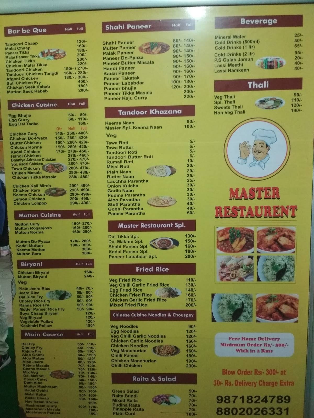 Menu at Master Dhaba, Noida