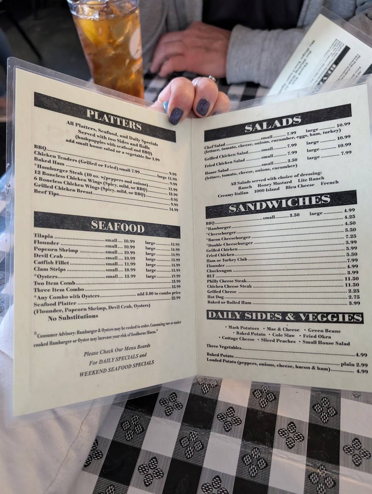 Menu at Matty's restaurant, Elkin