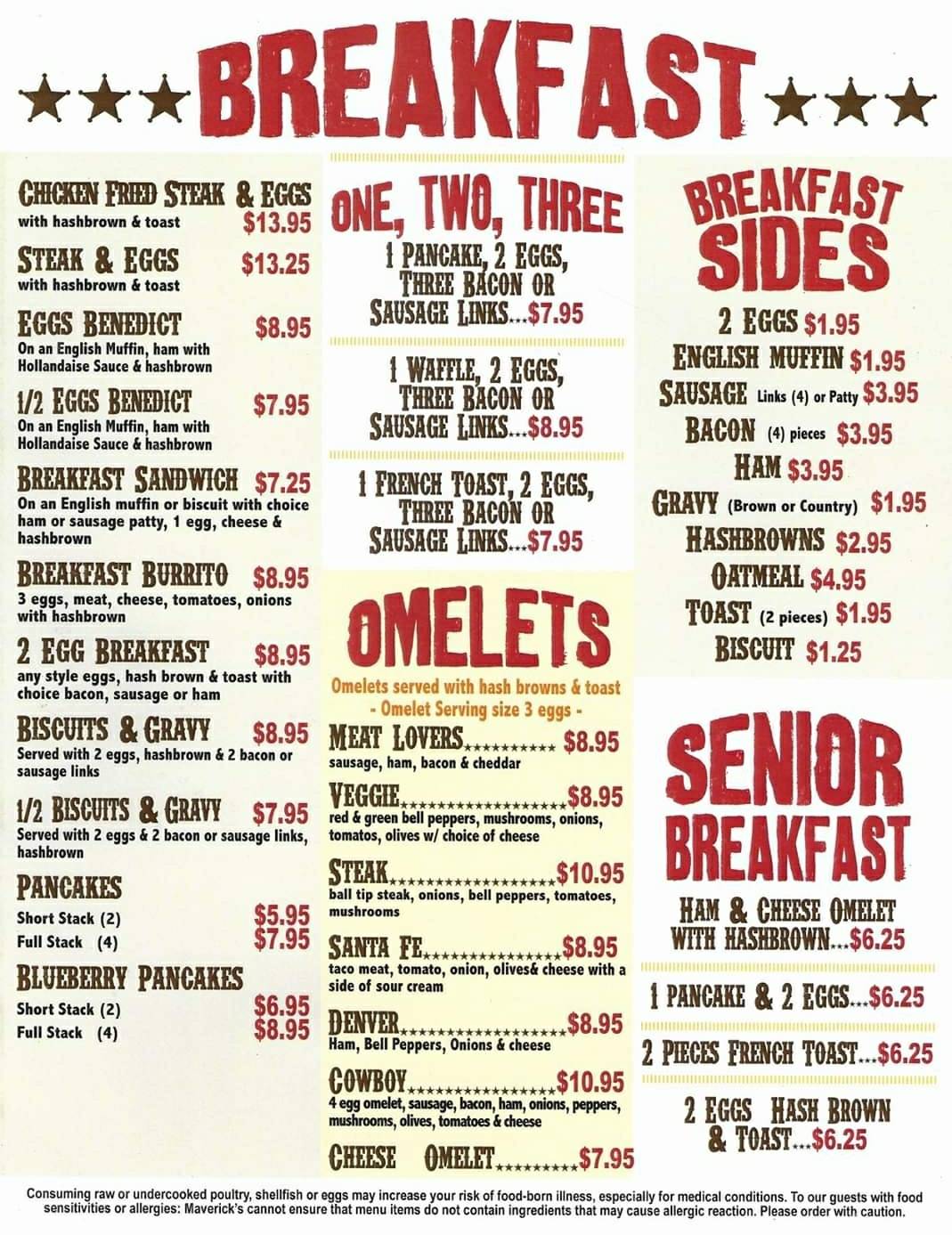 Menu at Maverick's Restaurant, Colville