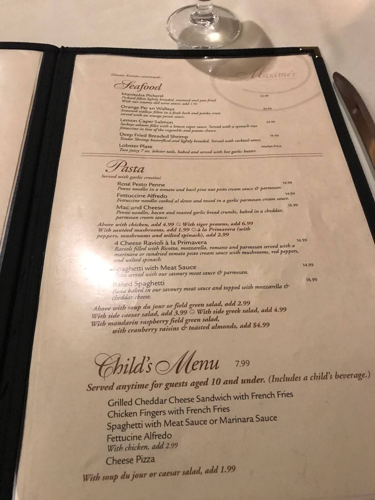Menu at Maxime's Restaurant and Lounge, Winnipeg