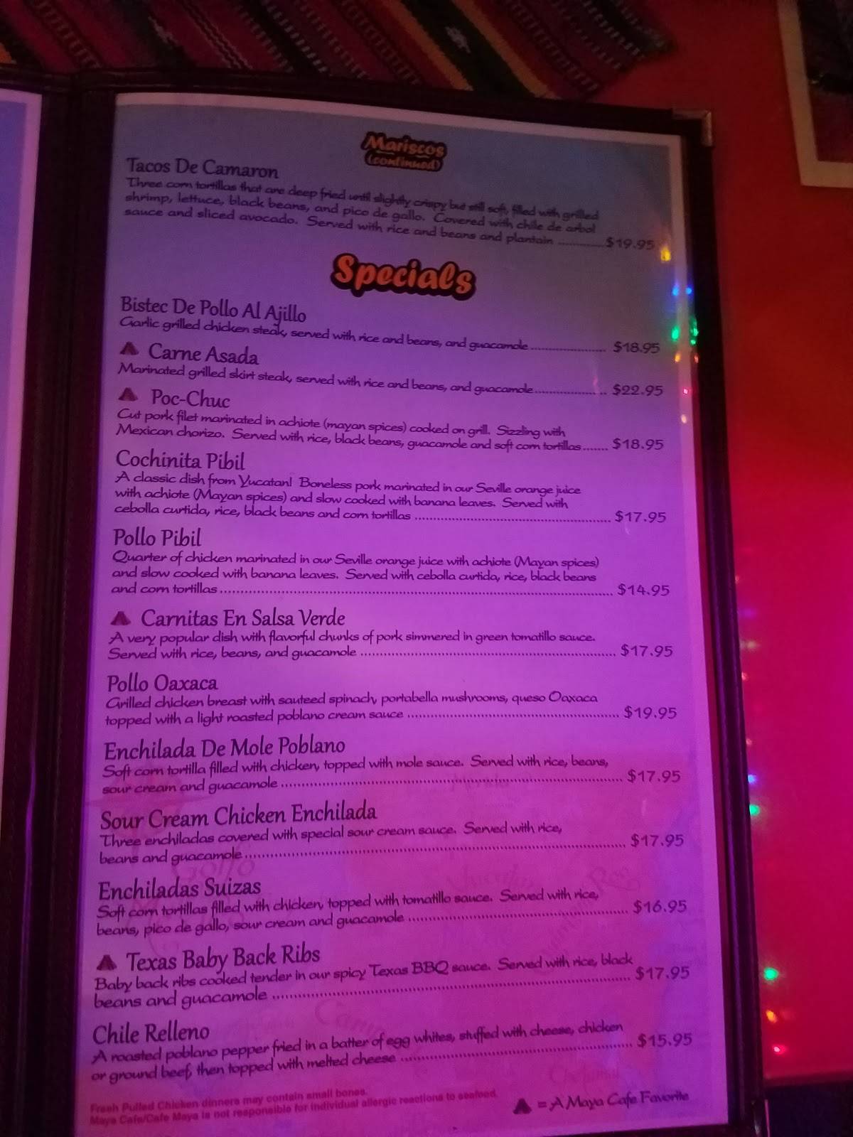 Menu at Maya Cafe, Fishkill