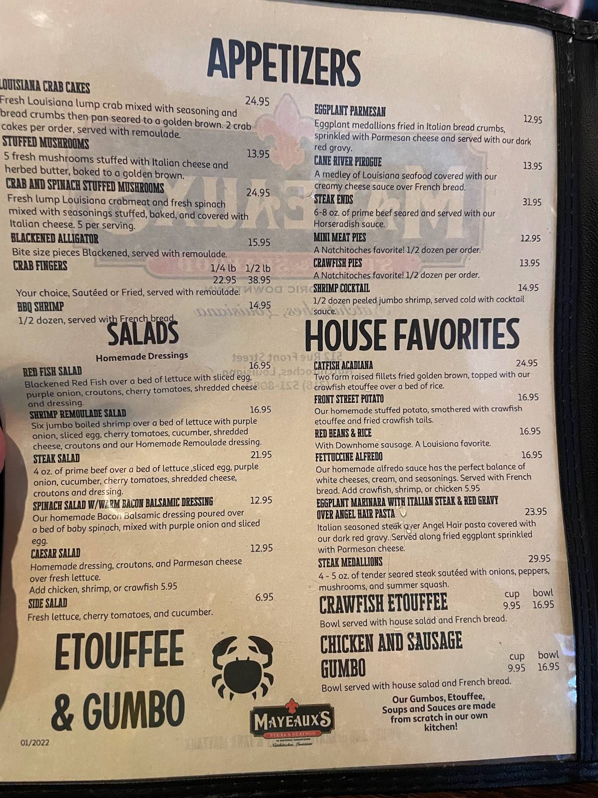 Menu at Mayeaux's Steak & Seafood Restaurant, Natchitoches