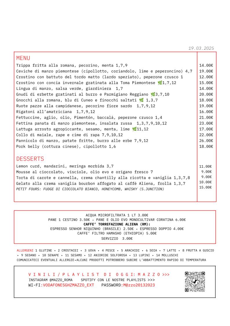 Menu at Mazzo restaurant, Rome, Via degli Equi