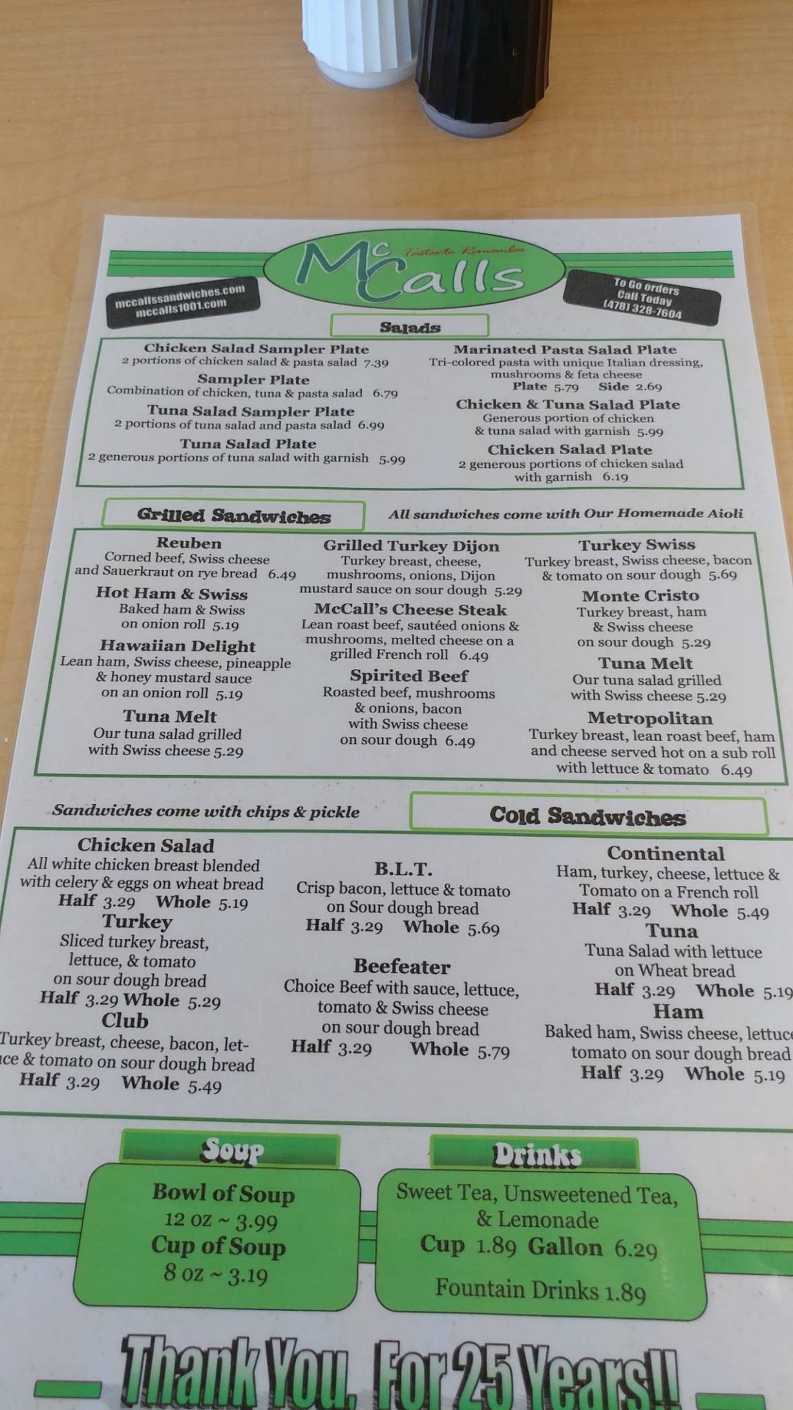 Menu at McCall's Sandwiches - Tastes to Remember cafe, Warner Robins