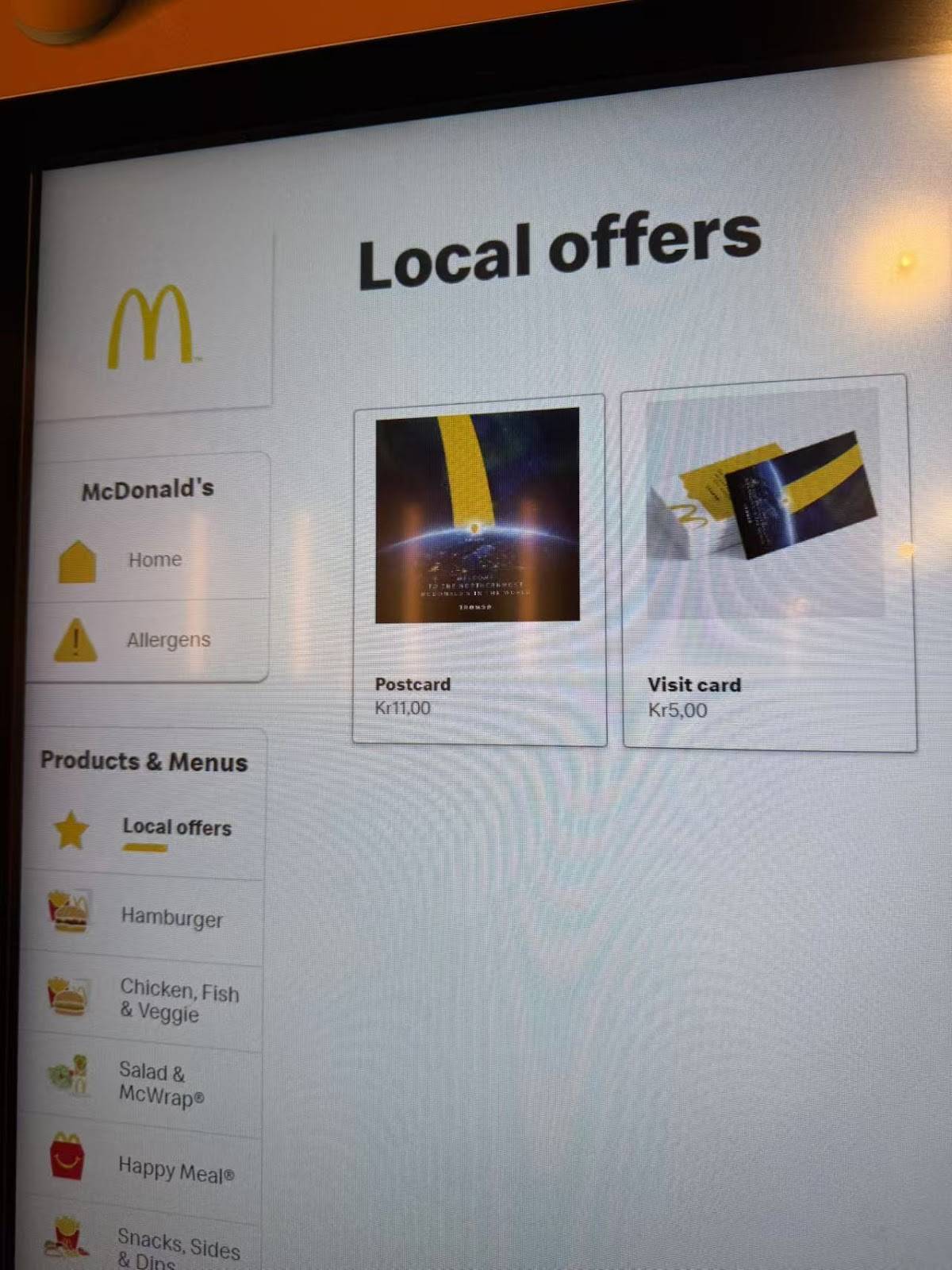 Menu at McDonald’s Tromsø fast food, Tromsø