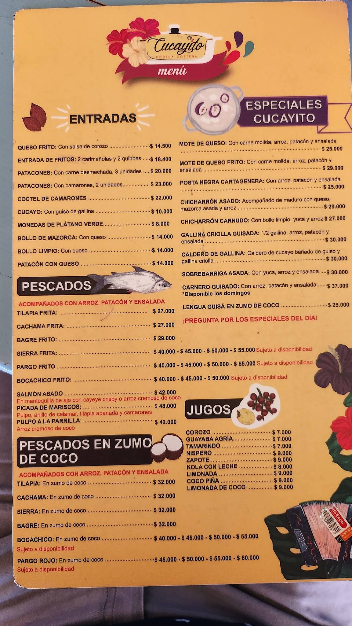 Carta del restaurante Cucayito Cocina Costeña, Medellín