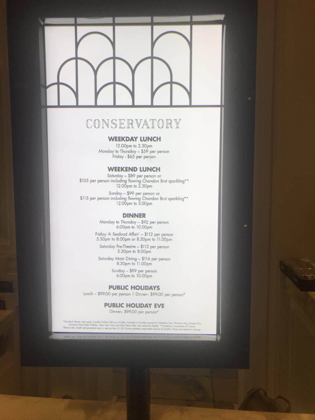 Menu at Conservatory restaurant, Southbank, Crown Melbourne