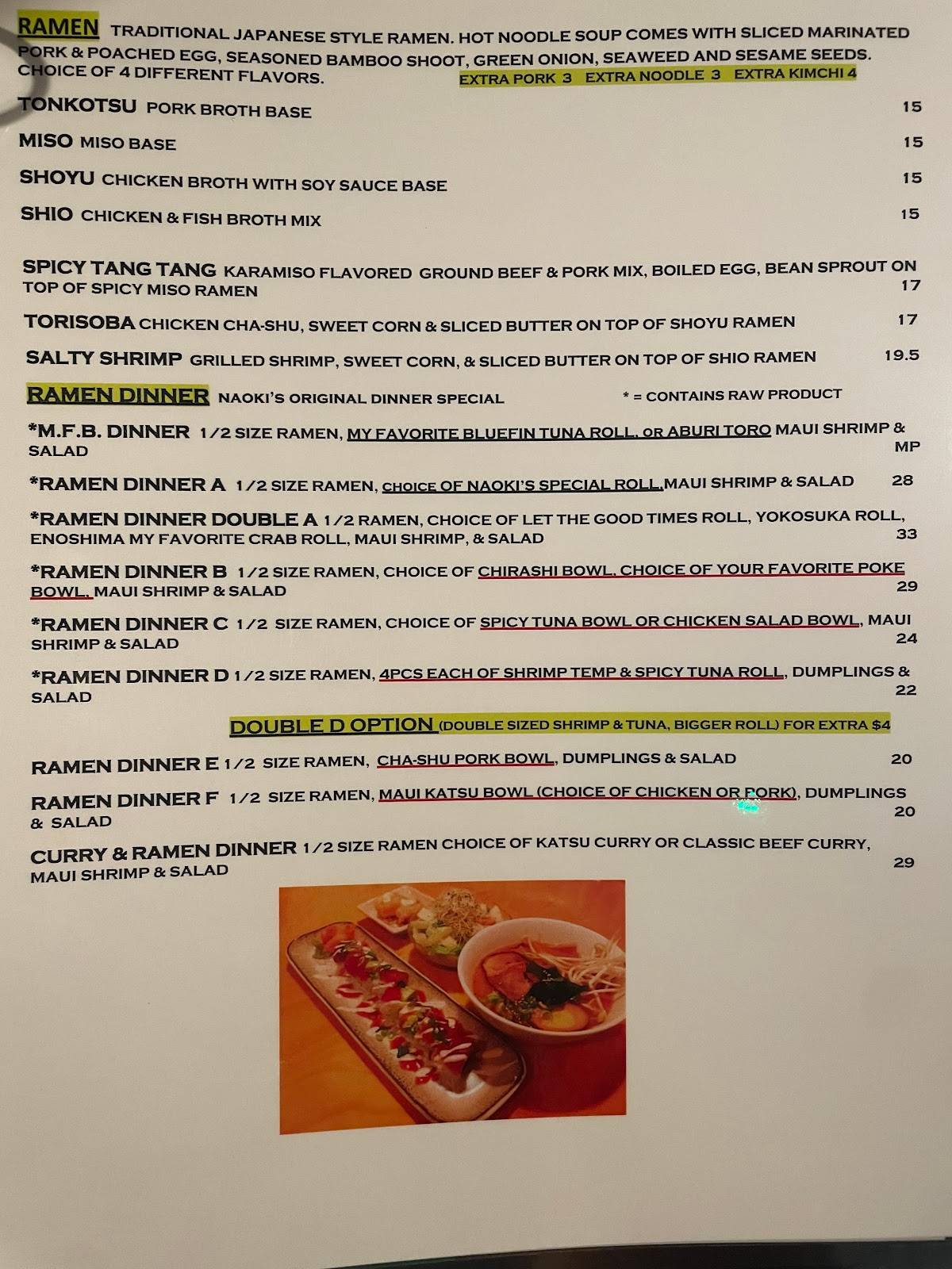 Menu at NAOKI JAPANESE CUISINE restaurant, Palm Bay