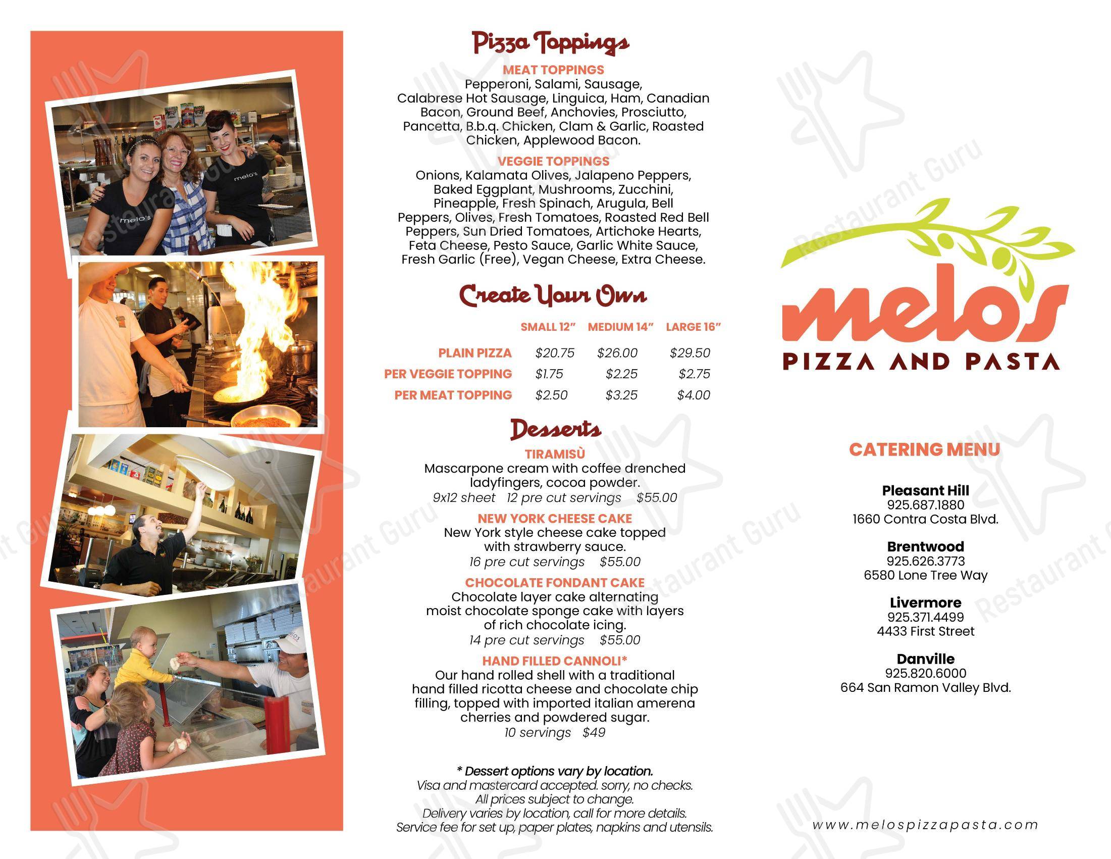 Menu at Melo's Pizza & Pasta Livermore pizzeria, Livermore