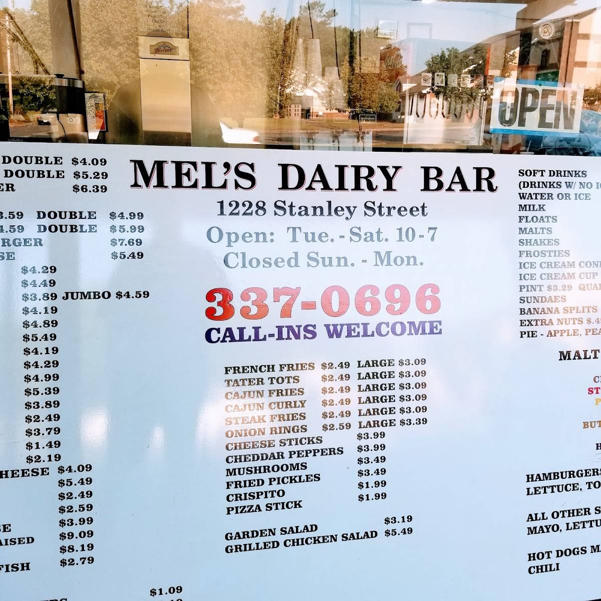 Menu at Mel's Dairy Bar, Malvern
