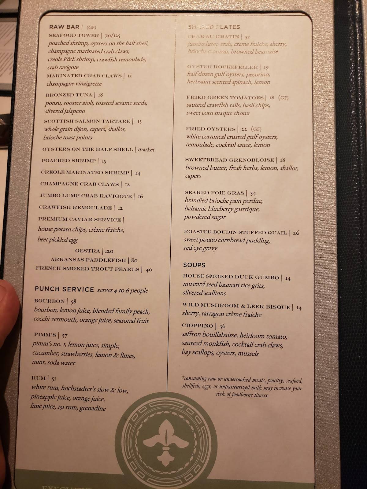 Menu at Iris restaurant, Memphis