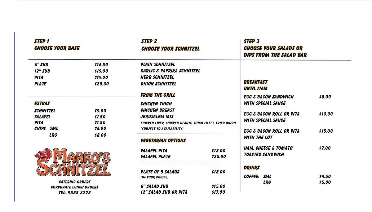 Menu at Marko's Schnitzel restaurant, Moorabbin