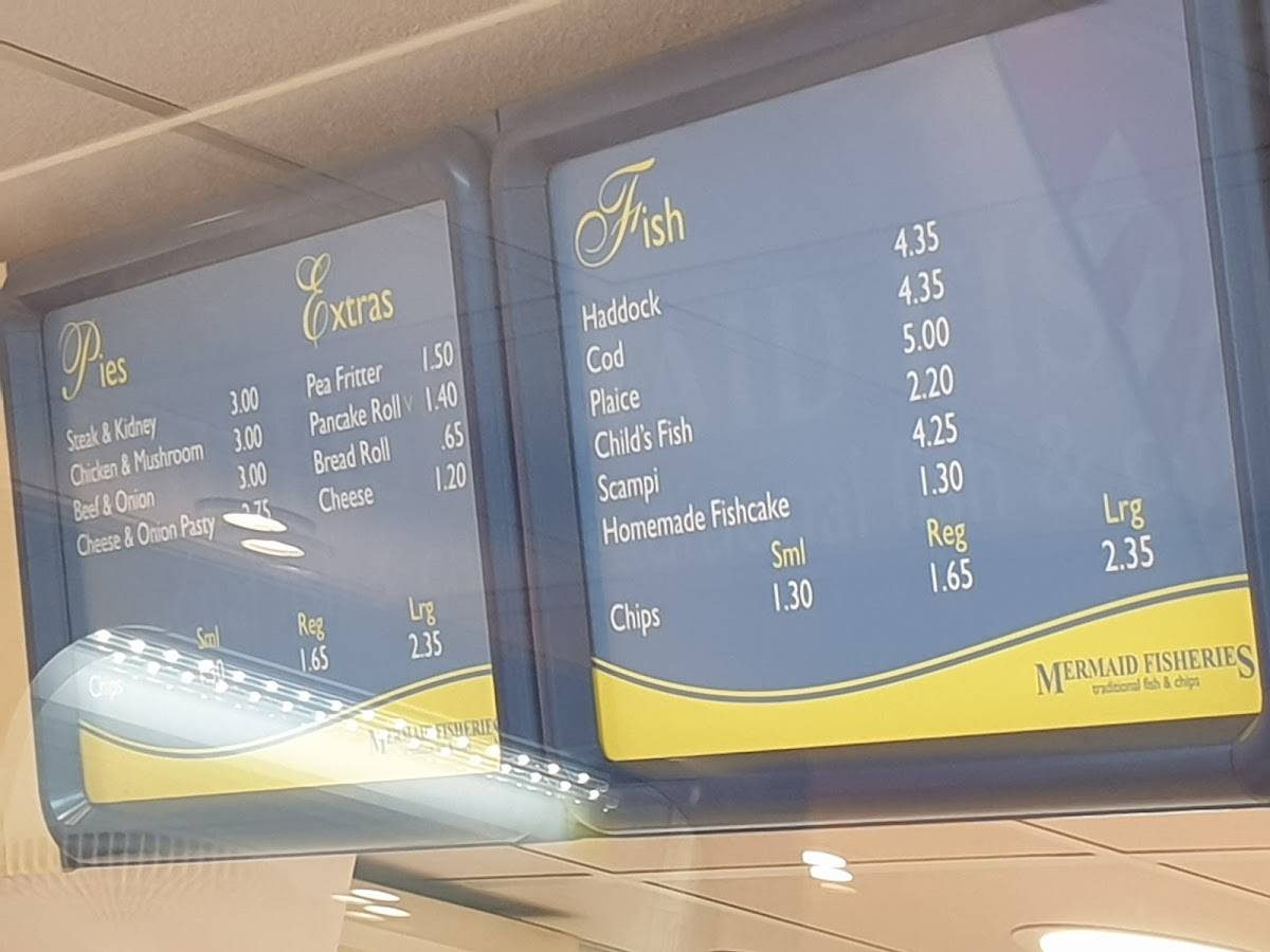Menu at Mermaid Fisheries fast food, Horncastle