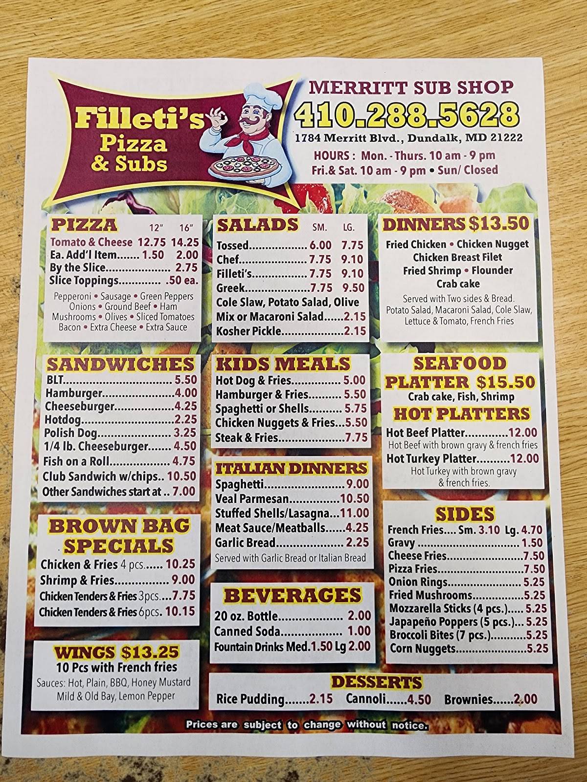 Menu at Merritt Sub (Filletis) pizzeria, Baltimore
