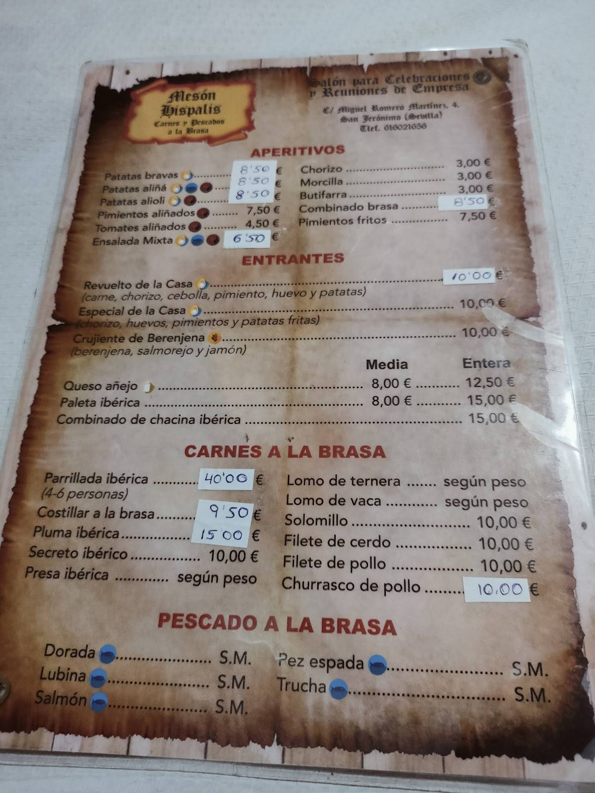 Carta del restaurante Mesón Hispalis, Sevilla, C. Miguel Romero Martínez
