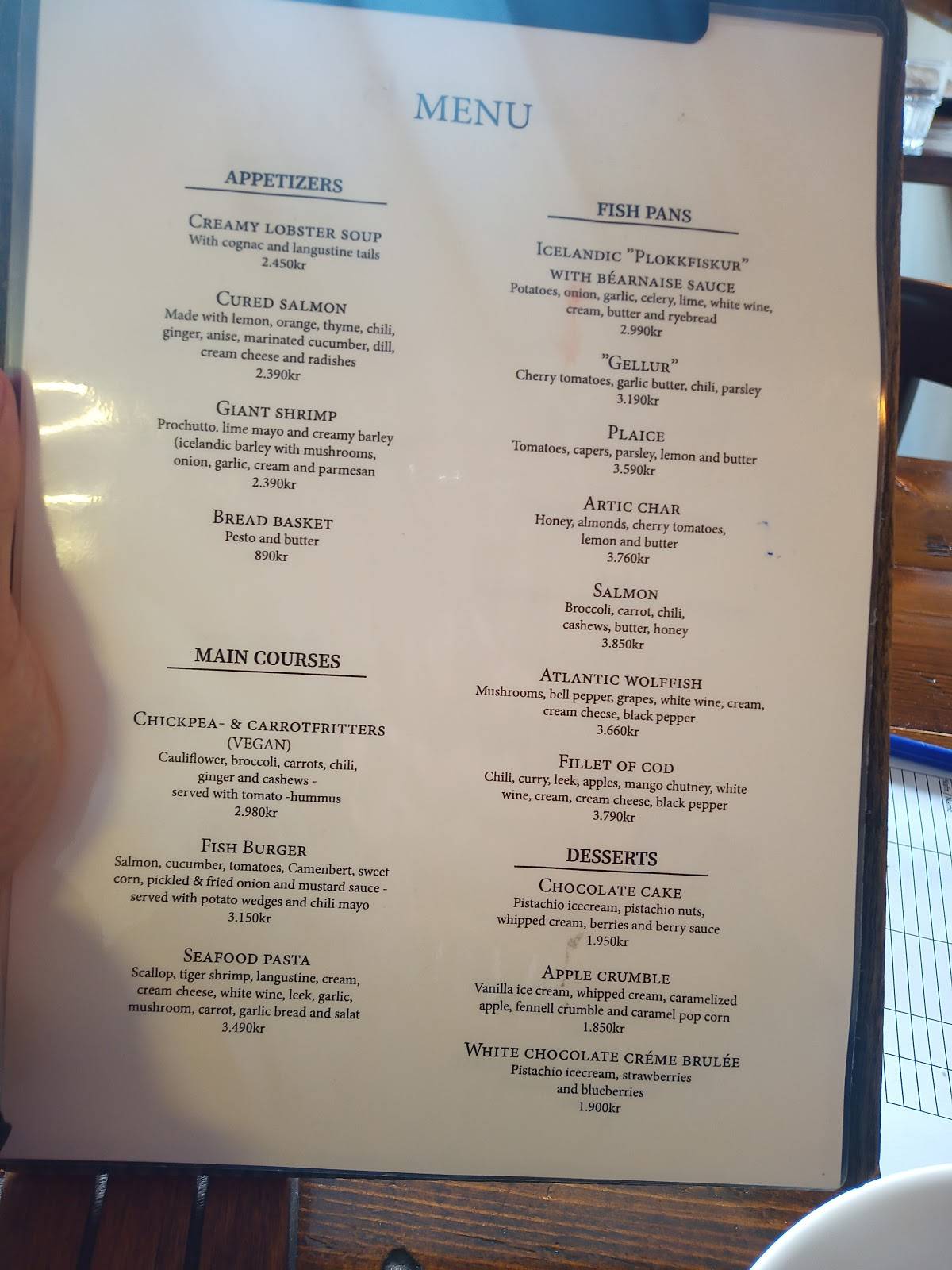 Menu at Messinn restaurant, Reykjavík, Lækjargata 6