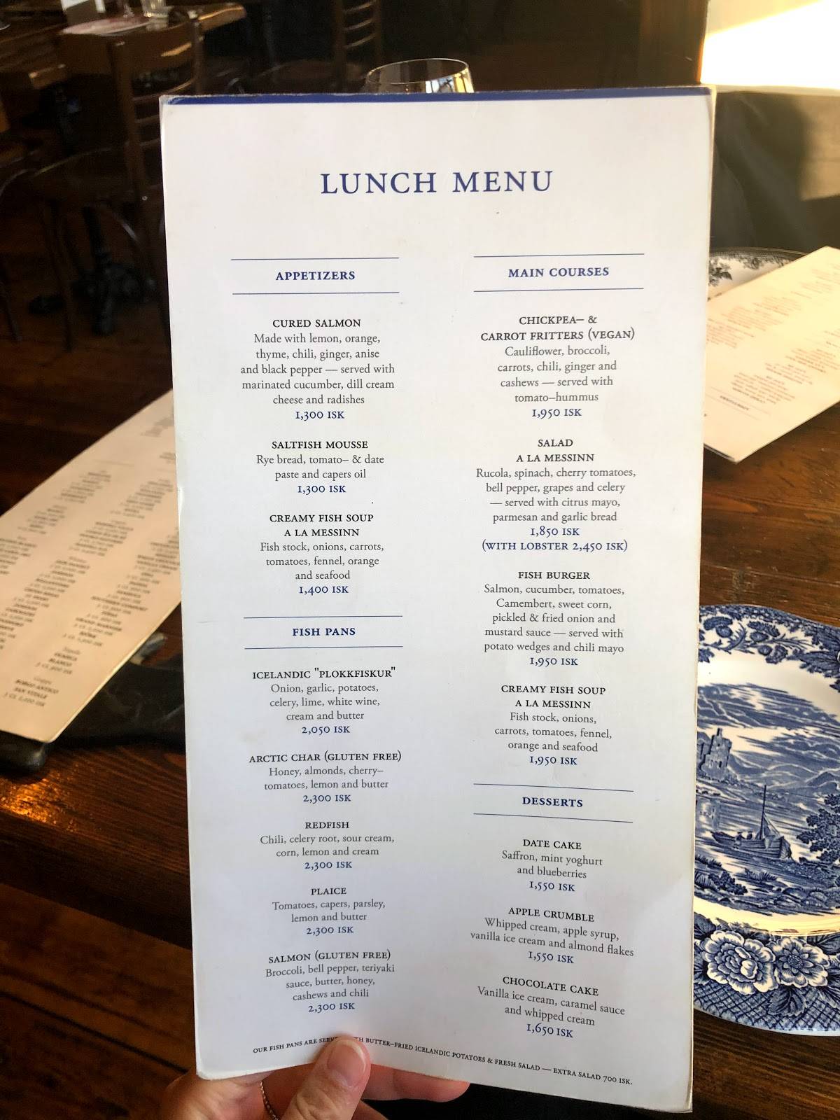Menu at Messinn restaurant, Reykjavík, Lækjargata 6