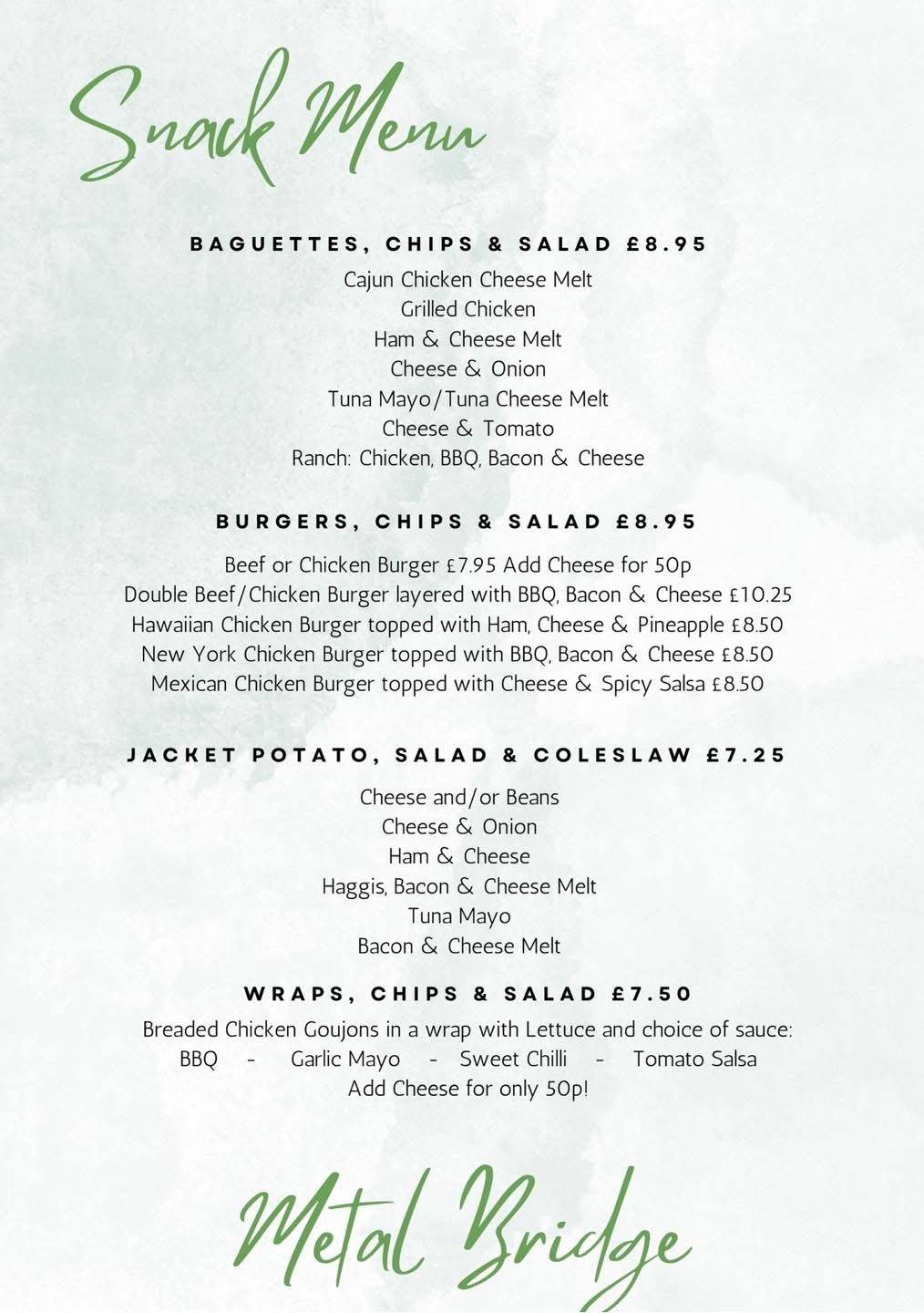 Menu at Metal Bridge Inn pub & bar, Carlisle