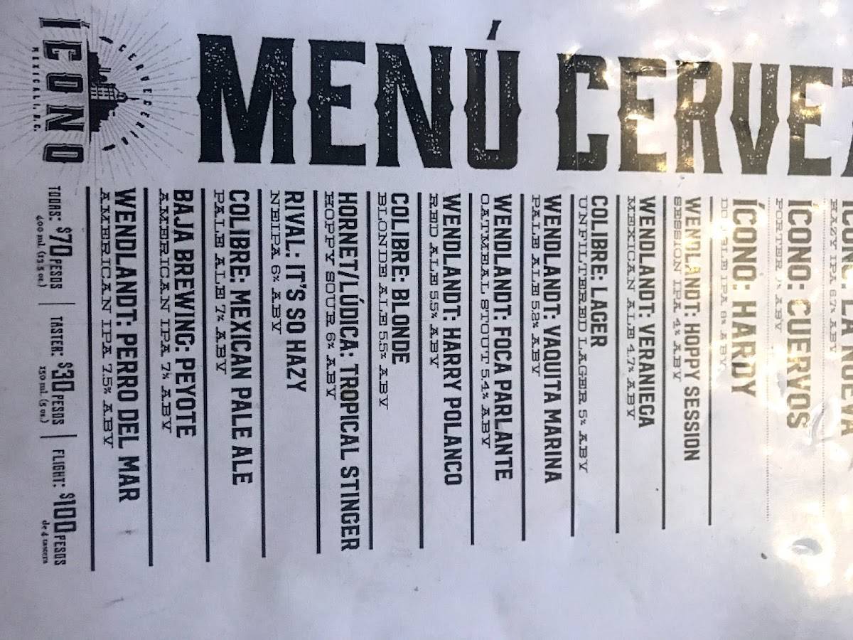 Carta del restaurante Cervecería Icono, Mexicali