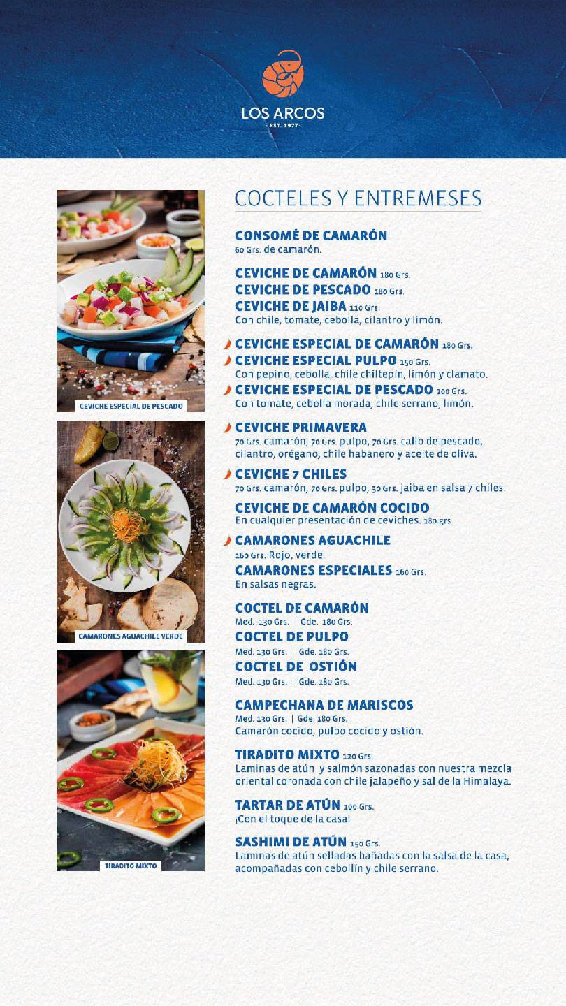 Carta del restaurante Los Arcos, Mexicali