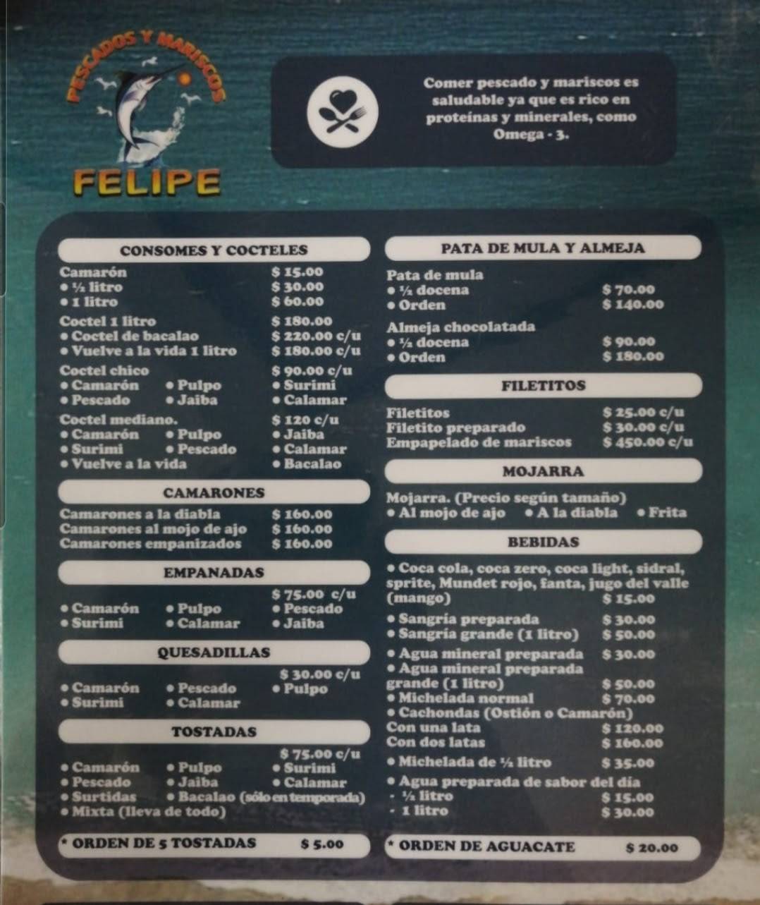 Menu at Mariscos Felipe restaurant, Mexico City, Oriente 174