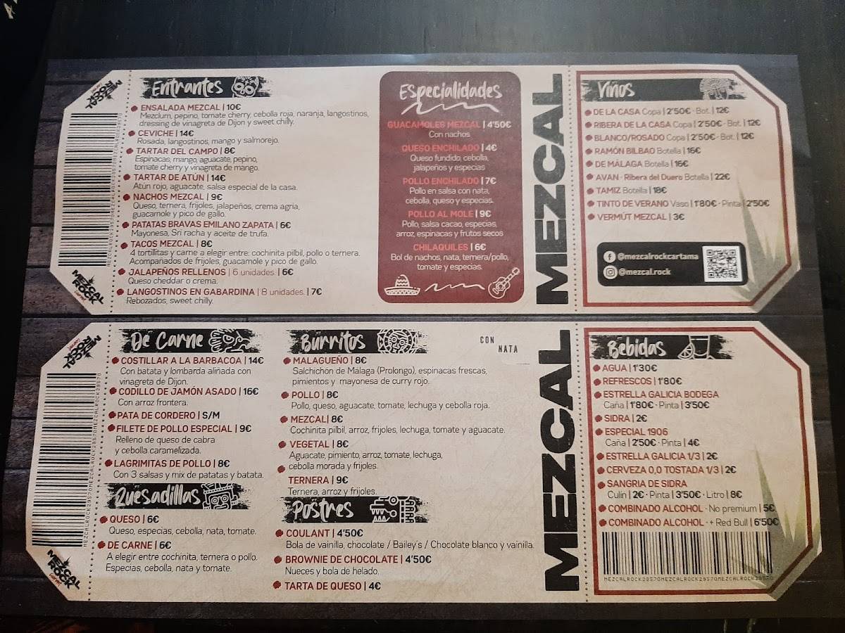 Carta del restaurante Mezcal Rock Gourmet, Estación del Cártama