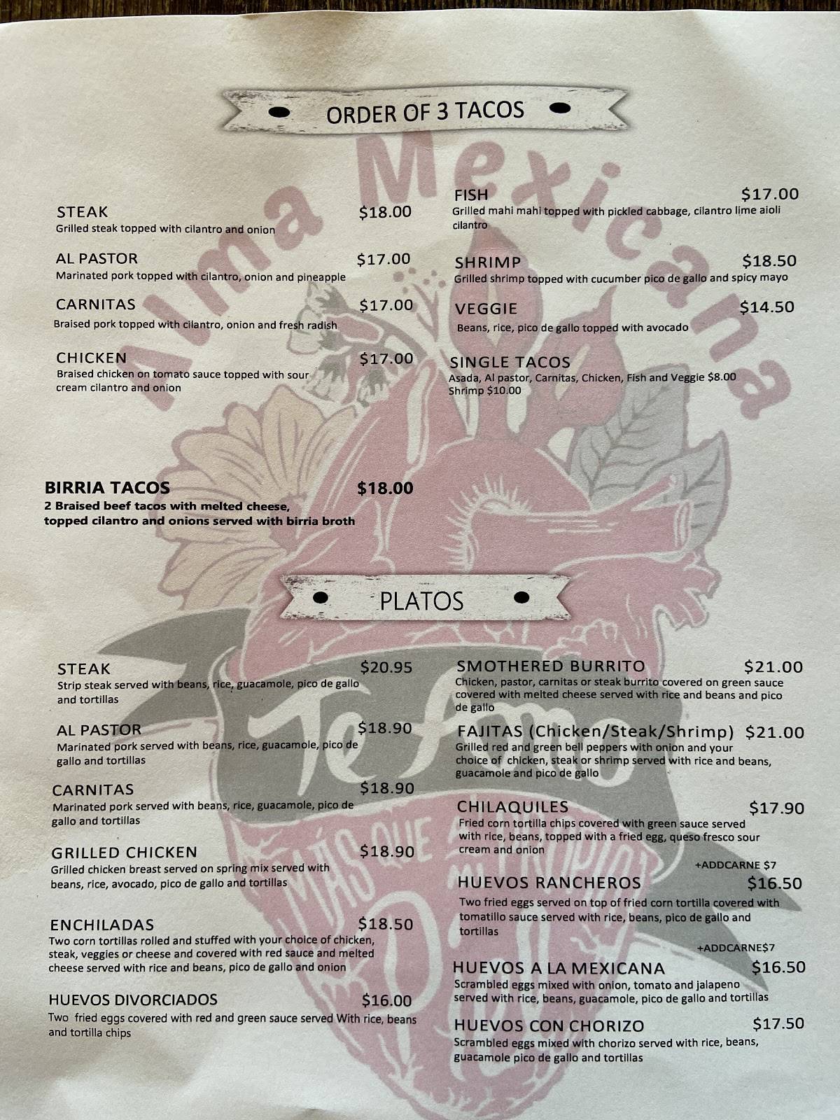 Carta del restaurante Alma Mexicana, Miami Beach, Washington Ave