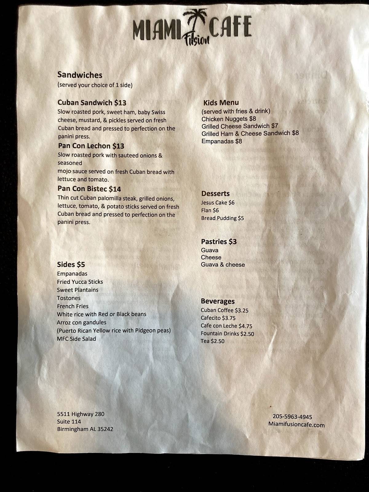 Carta de Miami Fusion Cafe 280, Birmingham