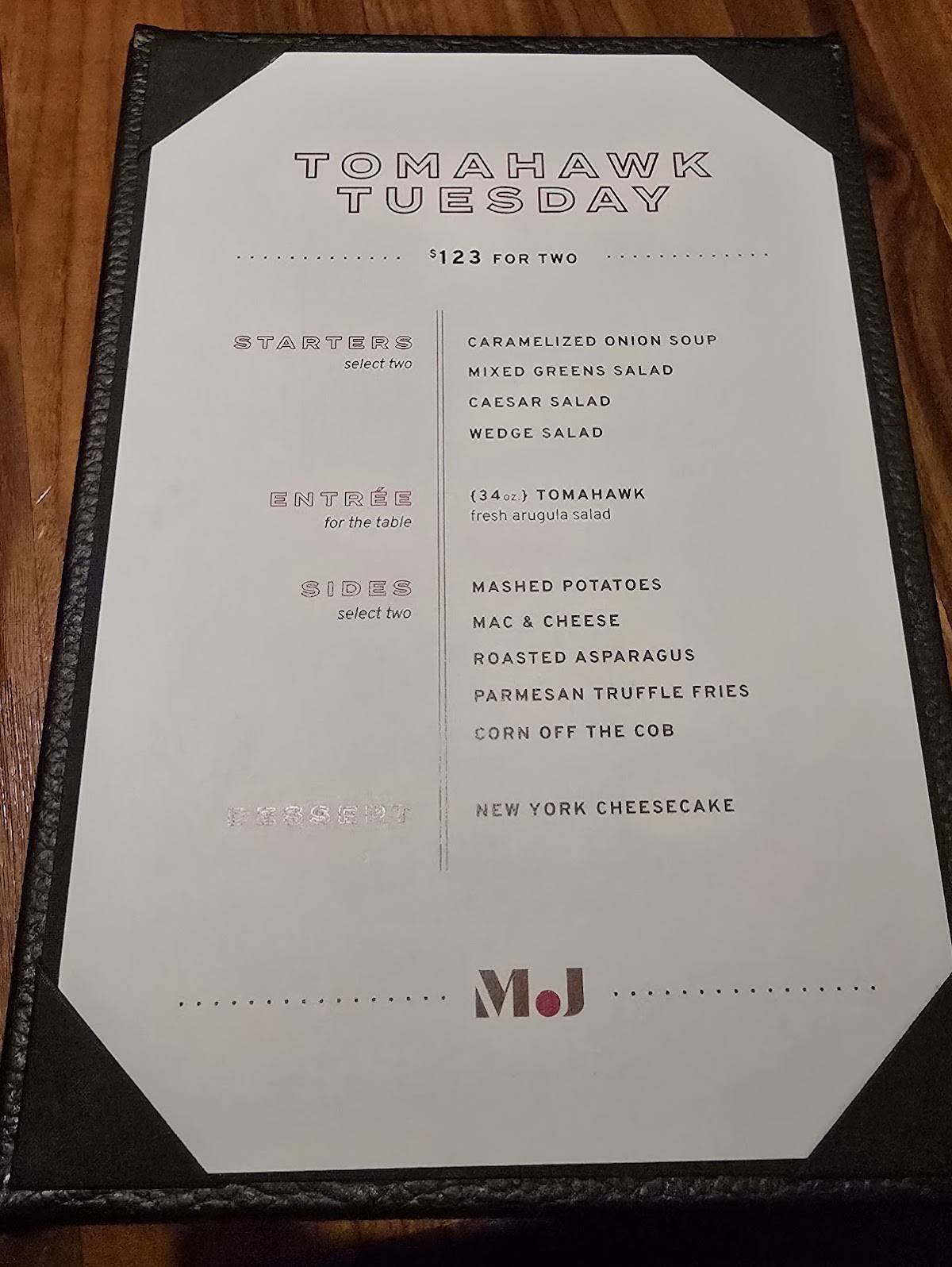 Menu at Michael Jordan’s Steak House restaurant, Ridgefield