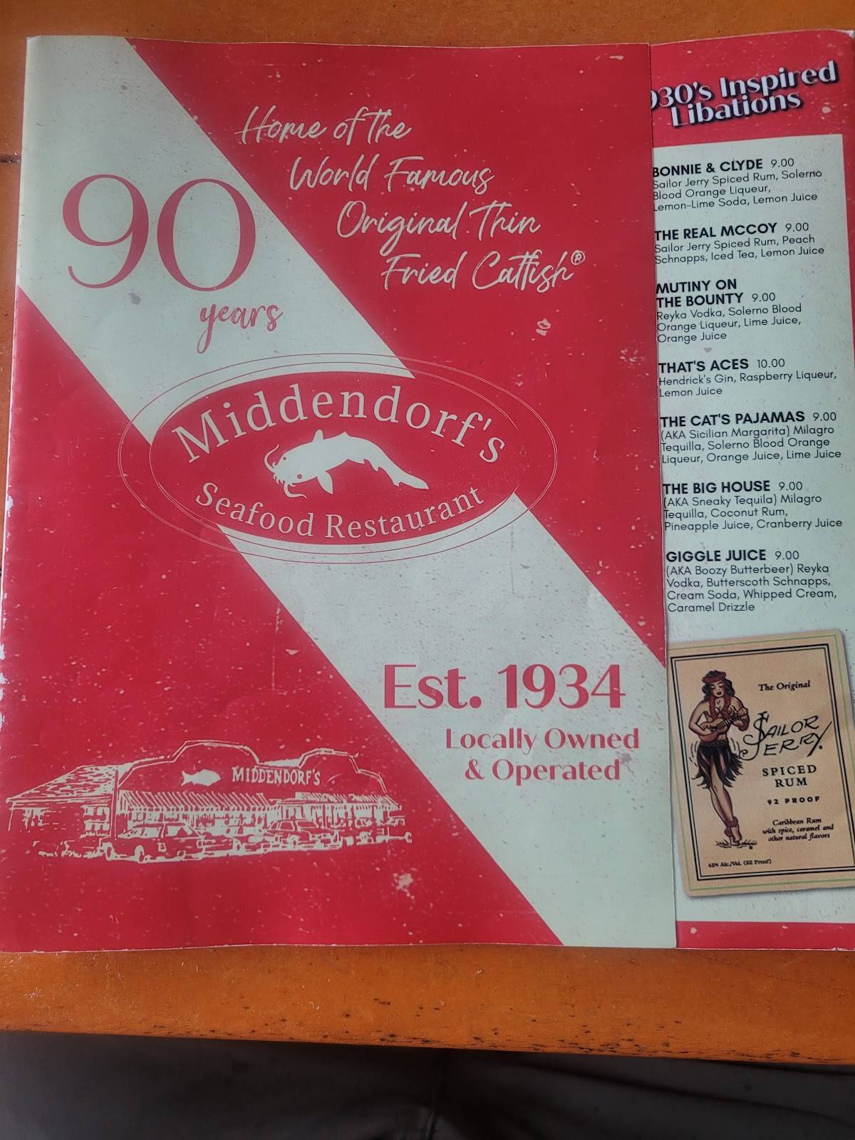 Menu at Middendorf's Manchac restaurant, USA