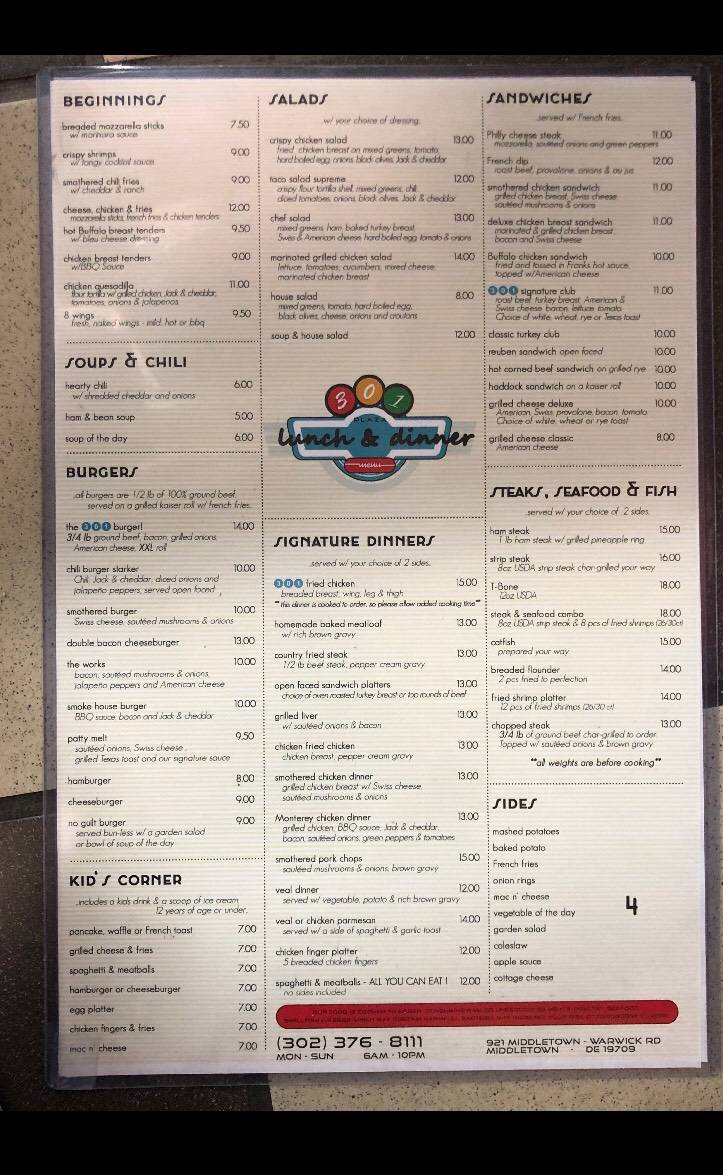 Menu at 301 Plaza Restaurant, Middletown