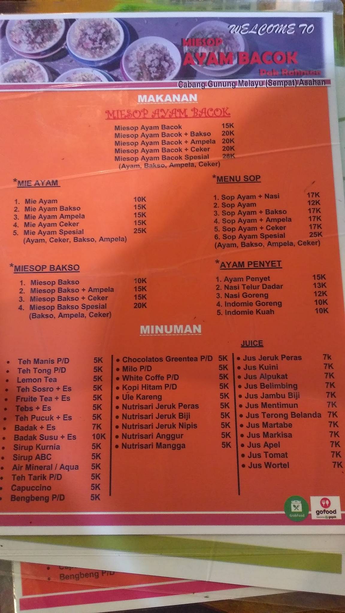 Carta del restaurante Mie Sop Ayam Bacok Pak Rahman, Eka Rasmi, Medan