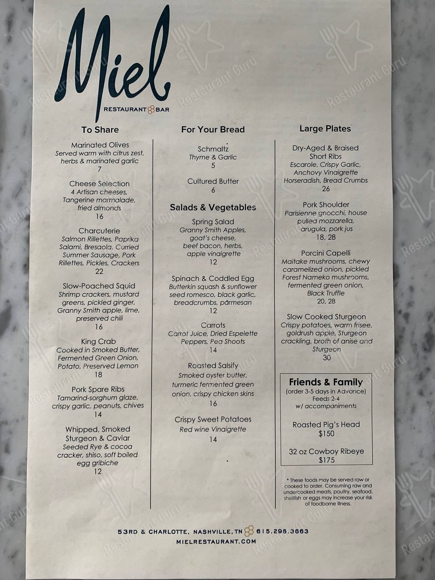 Menu at Miel Restaurant, Nashville